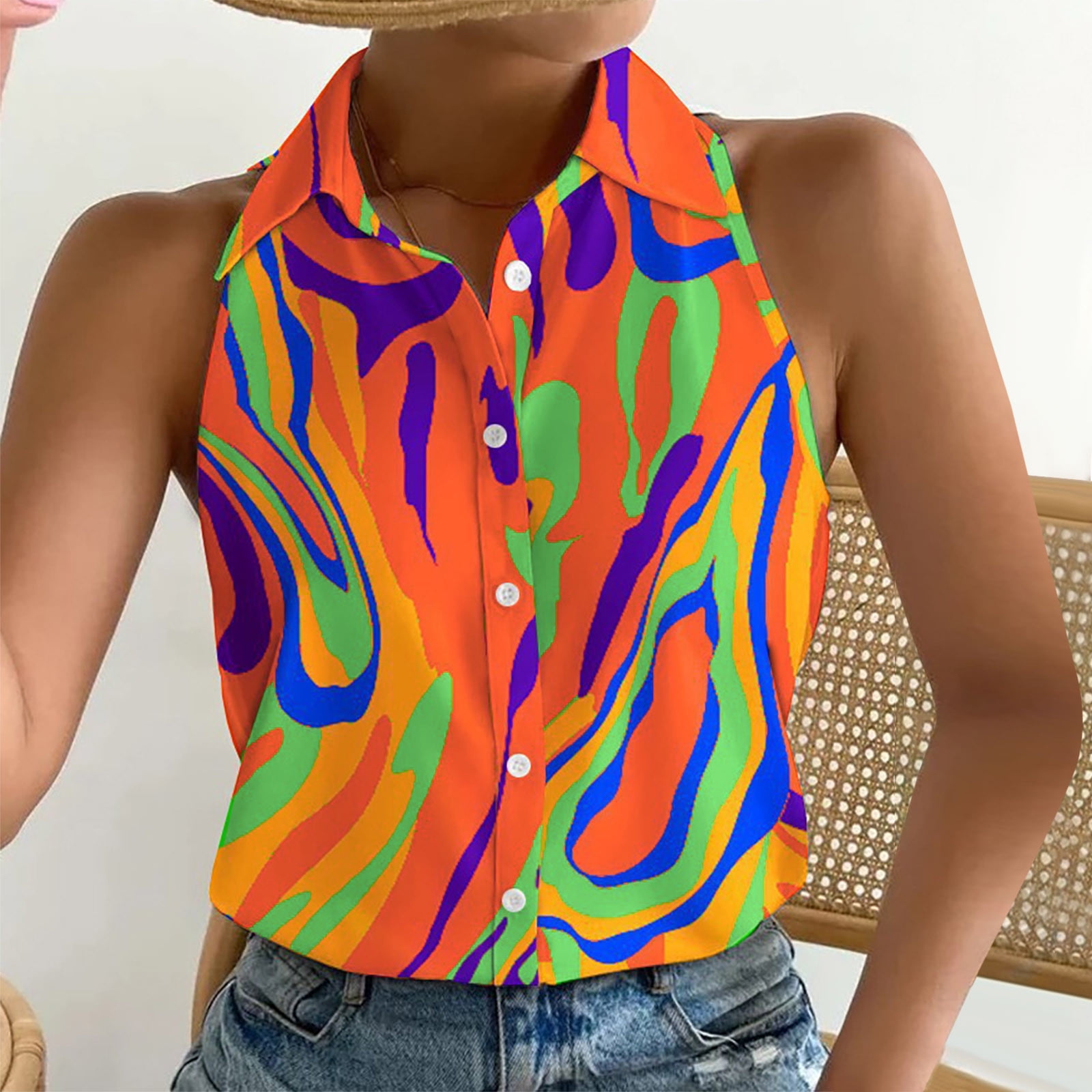 ALLLIST Spring Tops for Women Orange Sleeveless Collared Graphic Button ...