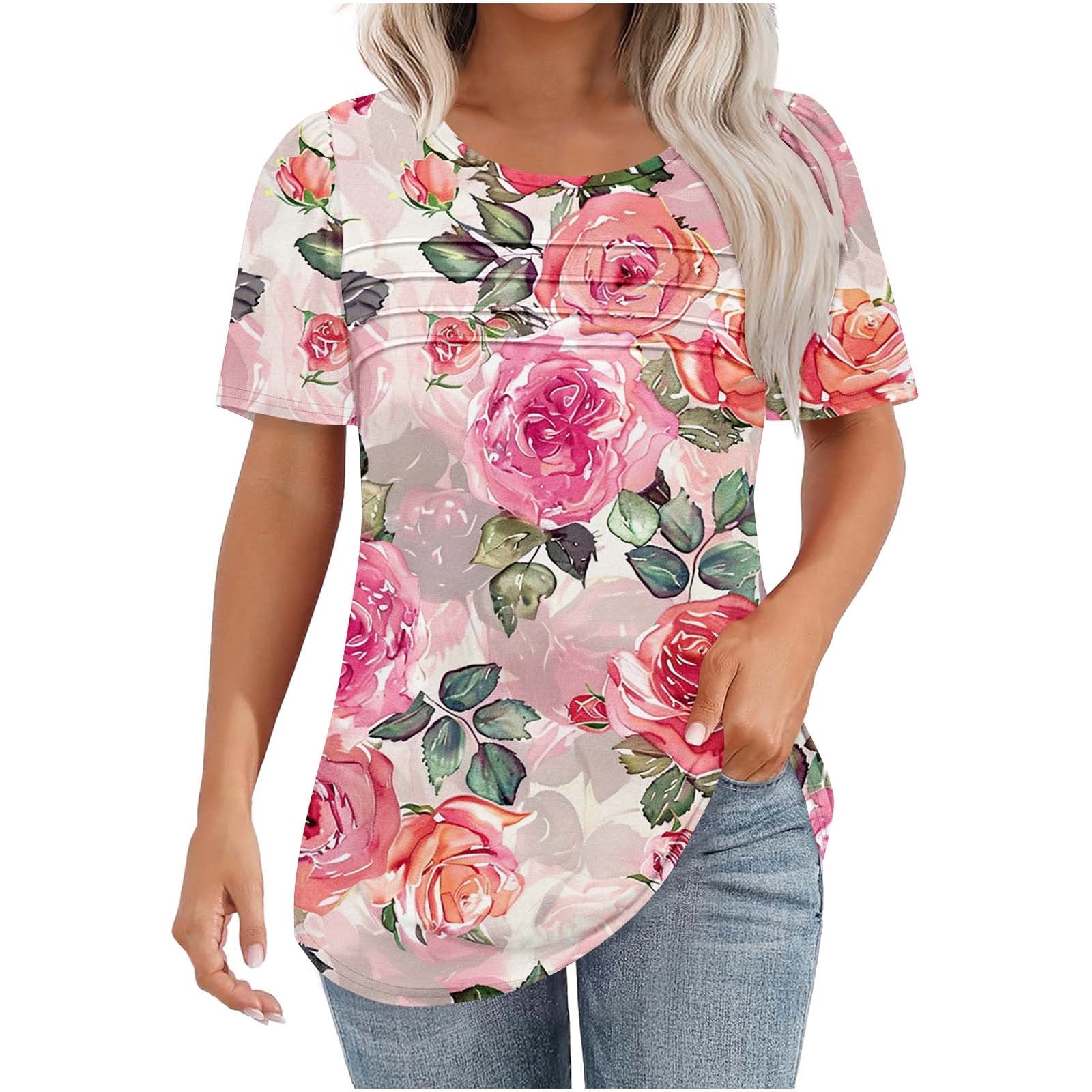 ALLLIST Summer Ladie's Tops Short Sleeve T-Shirts Pleated Floral Trendy ...