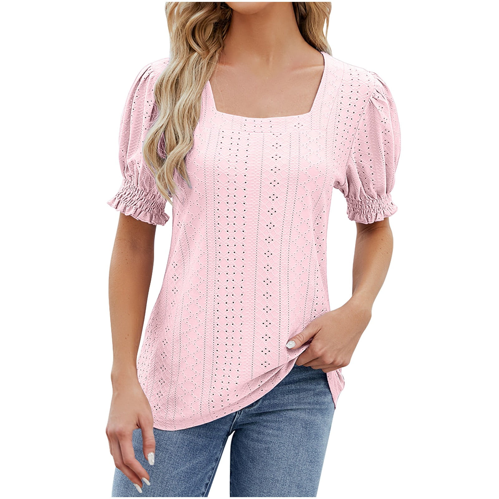 ALLLIST Summer Tops Pink Square Neckline Solid Hollow Short Sleeve T ...