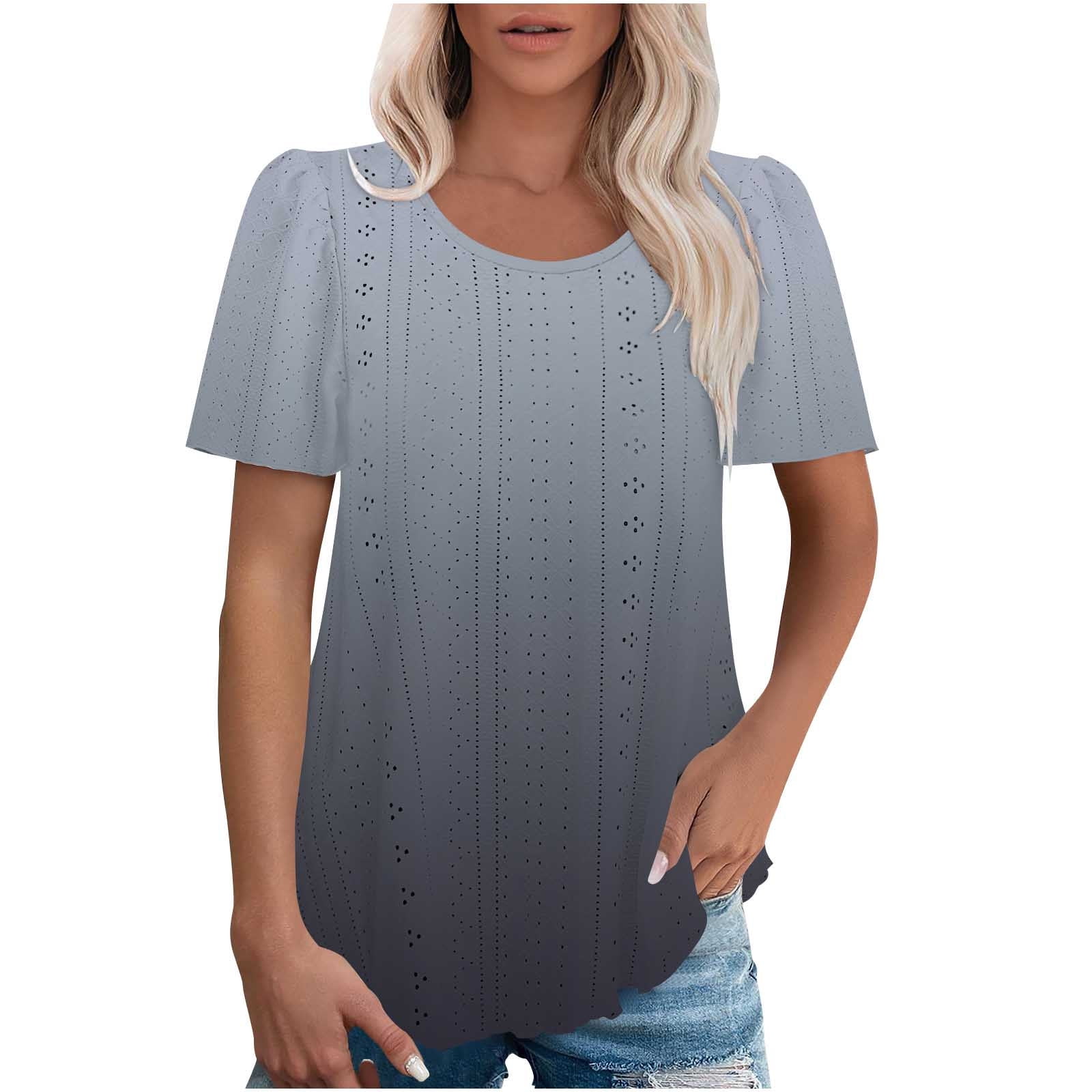 ALLLIST Summer Women Tops Short Sleeve Gradient T-Shirts Gray Crew Neck ...