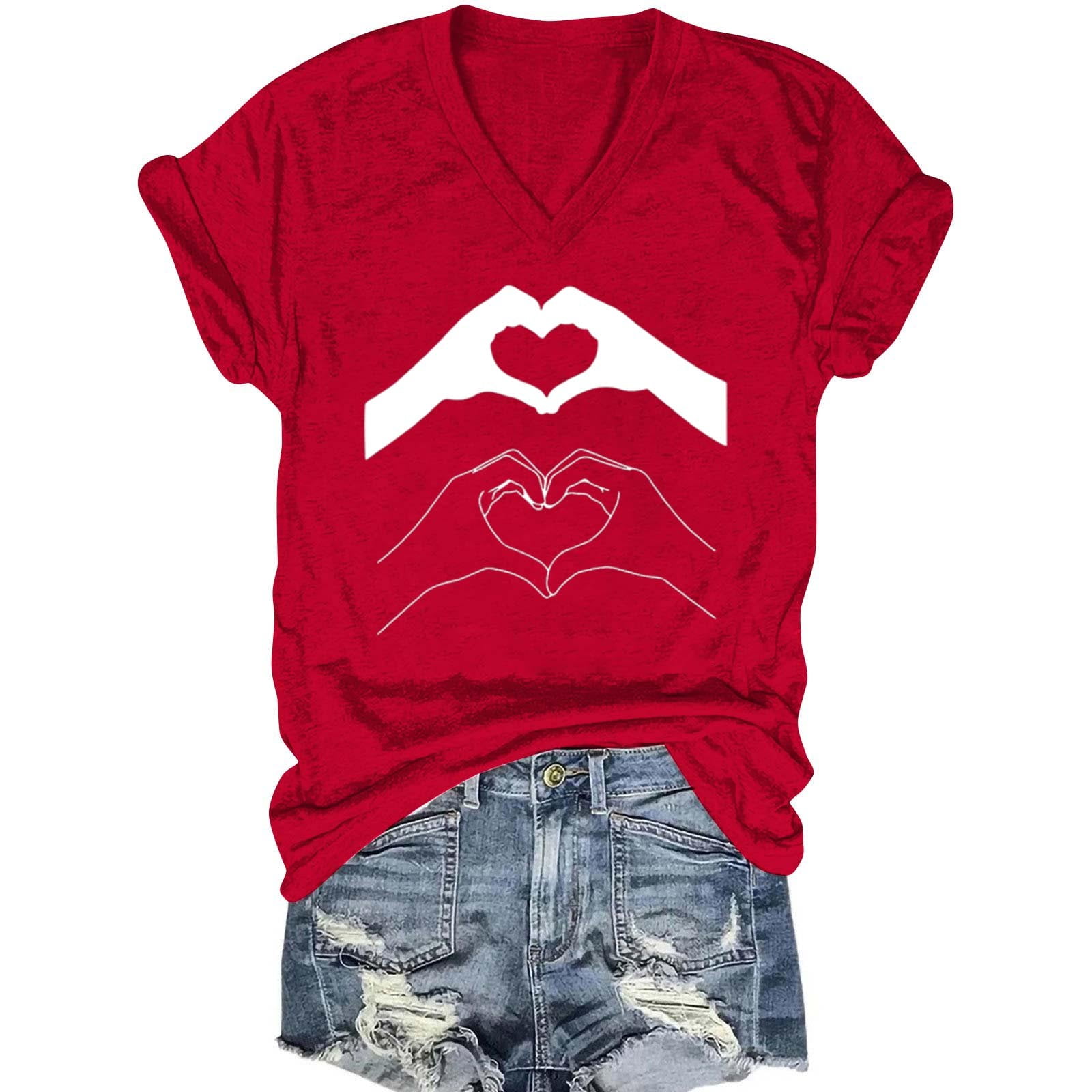 ALLLIST Summer Womens Tops Short Sleeve V Neck T Shirts Love Heart Red ...