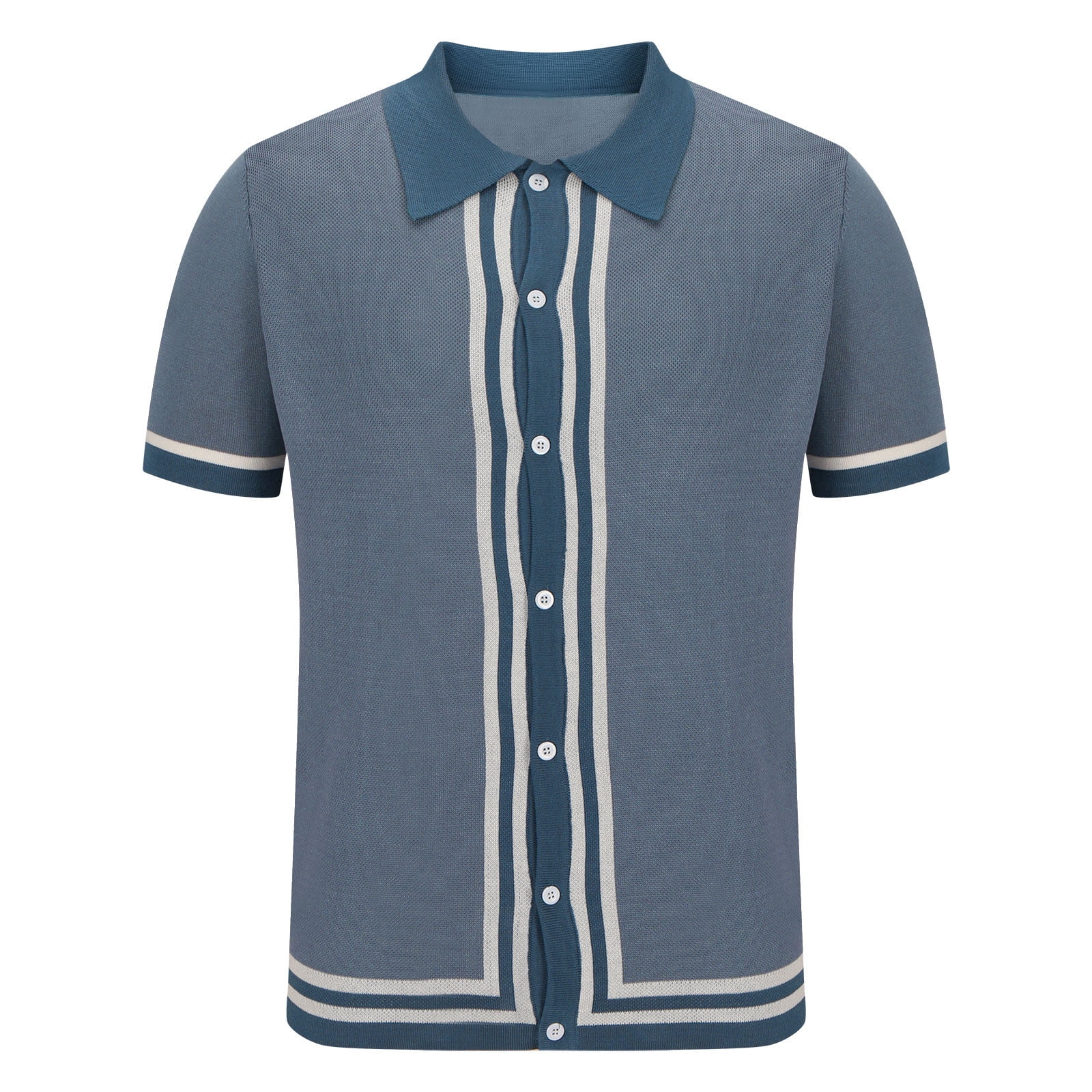 ALLLIST Tops for Men Trendy Blue Collared Short Sleeve Striped Button T ...