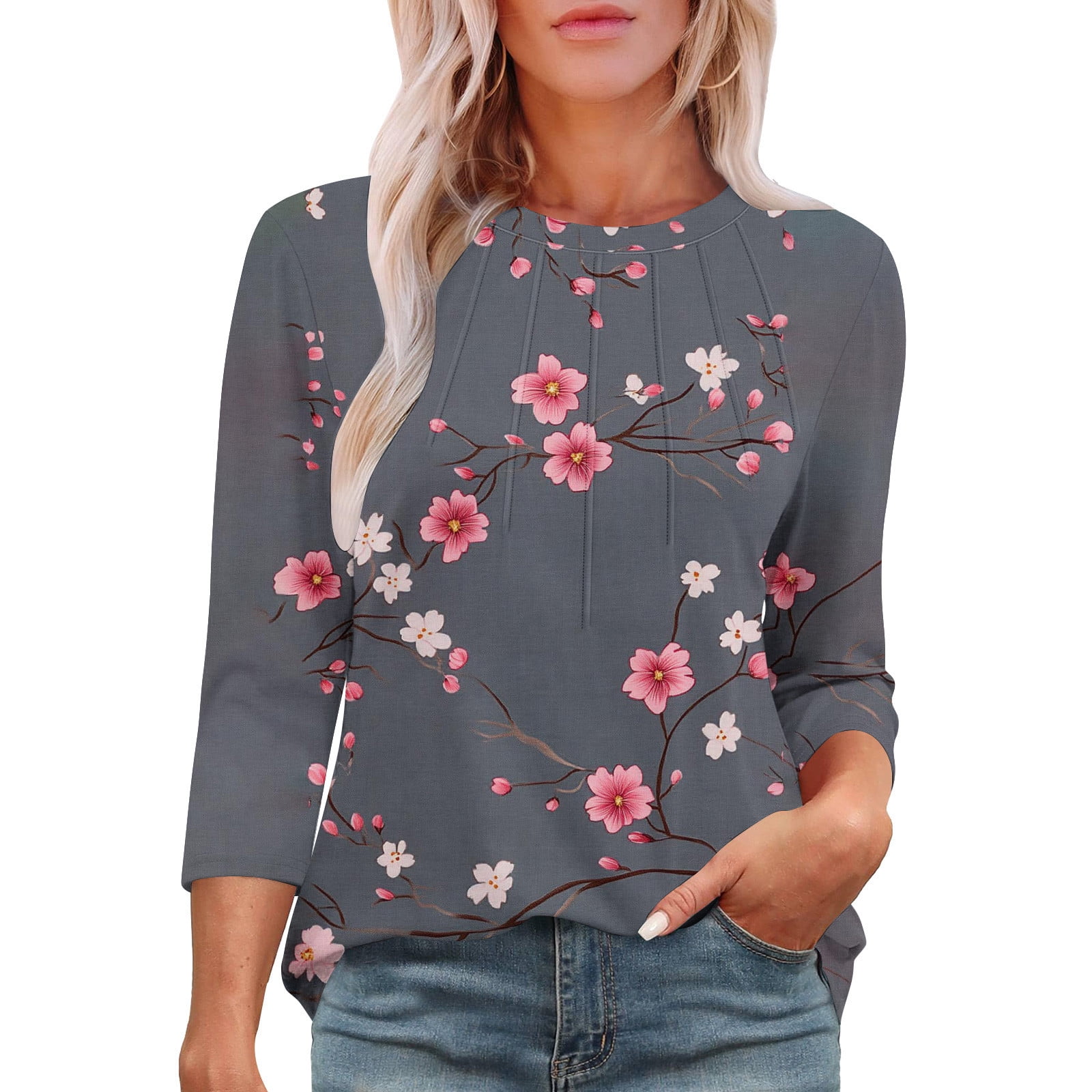 ALLLIST Tops for Women 3/4 Sleeve Summer Crew Neck Blouse Casual Floral ...