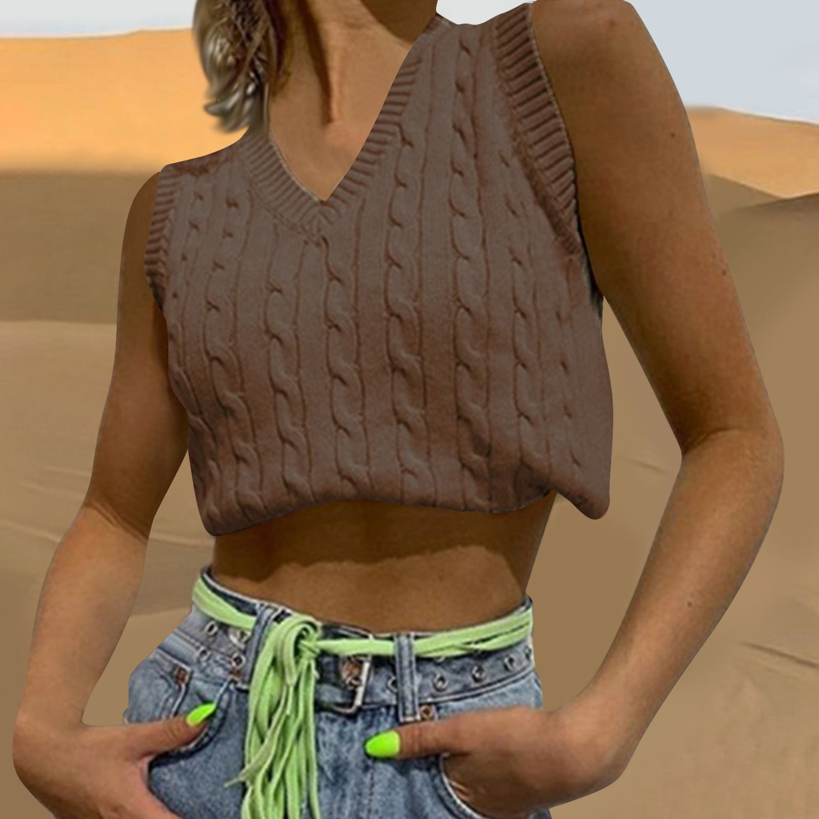 ALLLIST Tops for Women Brown V Neck Ribbed Tank Tops Solid Cable Knit Sweaters Clothing for ...