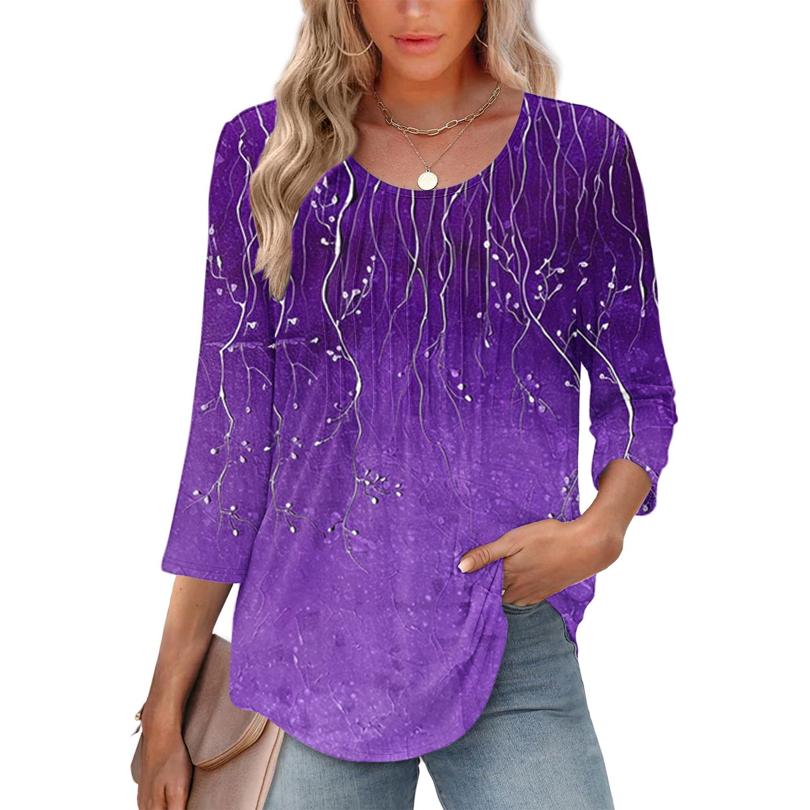 ALLLIST Tops for Women Cotton Linen 3/4 Sleeve Crew Neck Flounce Trendy ...