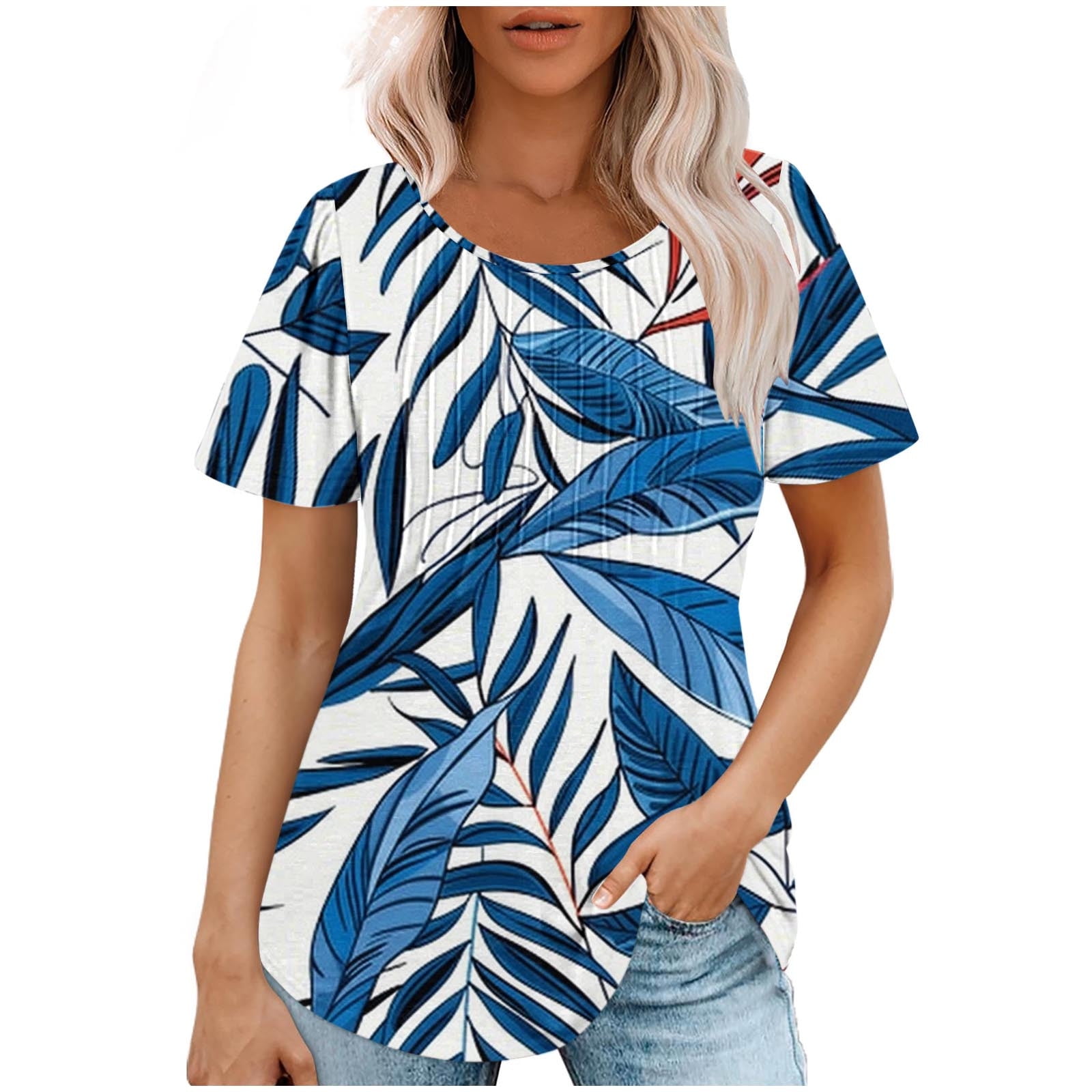 ALLLIST Tops for Women Crew Neck Short Sleeve Trendy Tunic Pleated ...