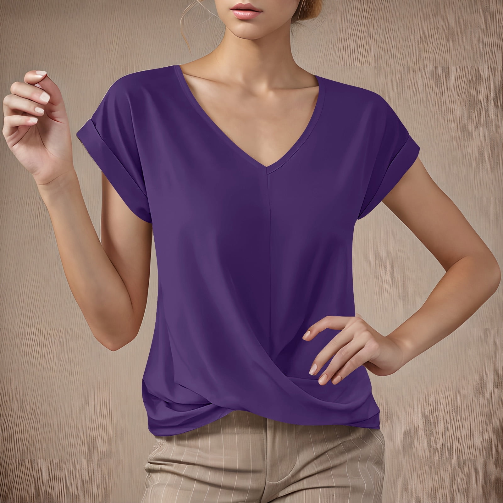 ALLLIST Tops for Women Summer V Neck Short Sleeve Blouse Purple Solid ...