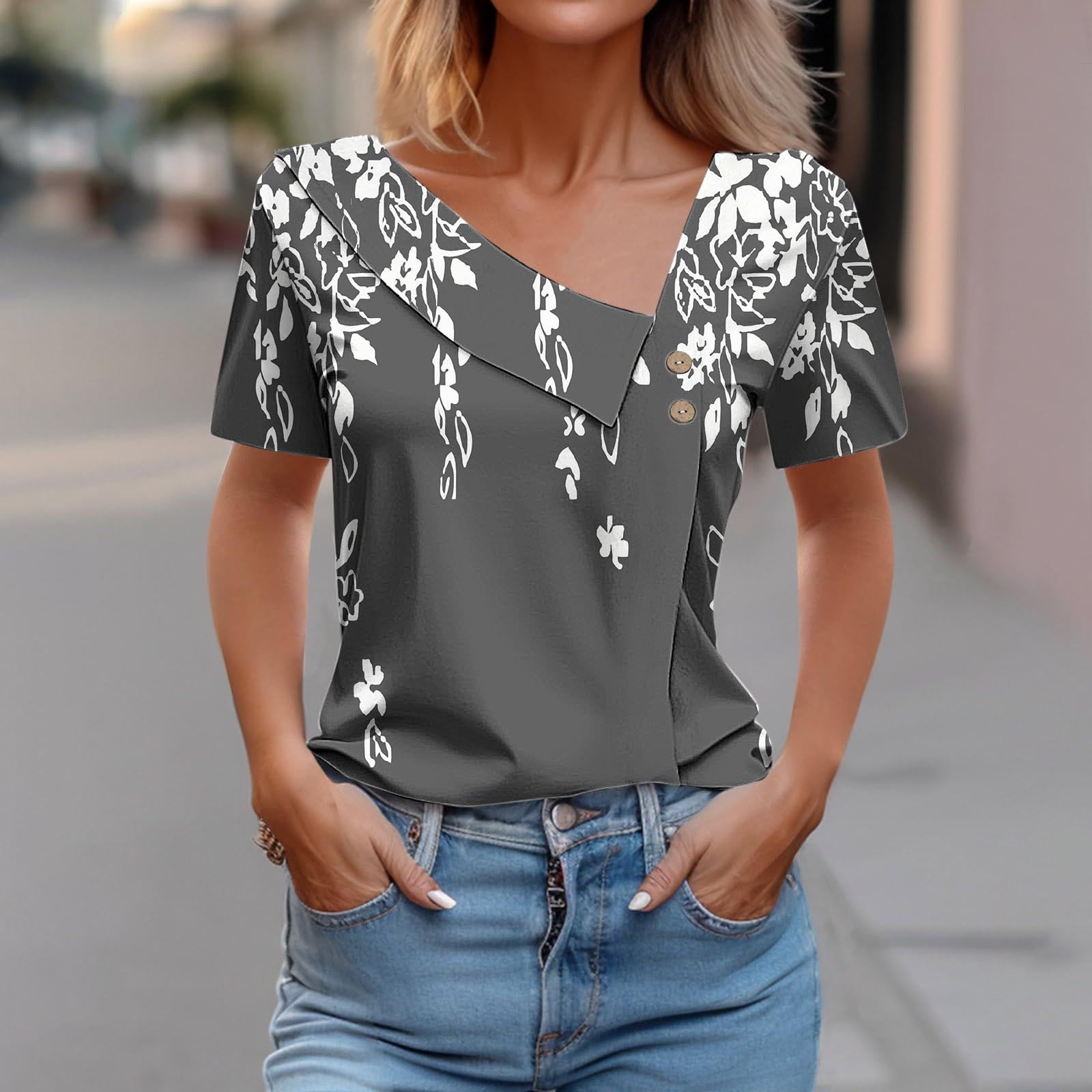 ALLLIST V-Neck Summer Tops for Women Short Sleeve Graphic Gray T-Shirts ...