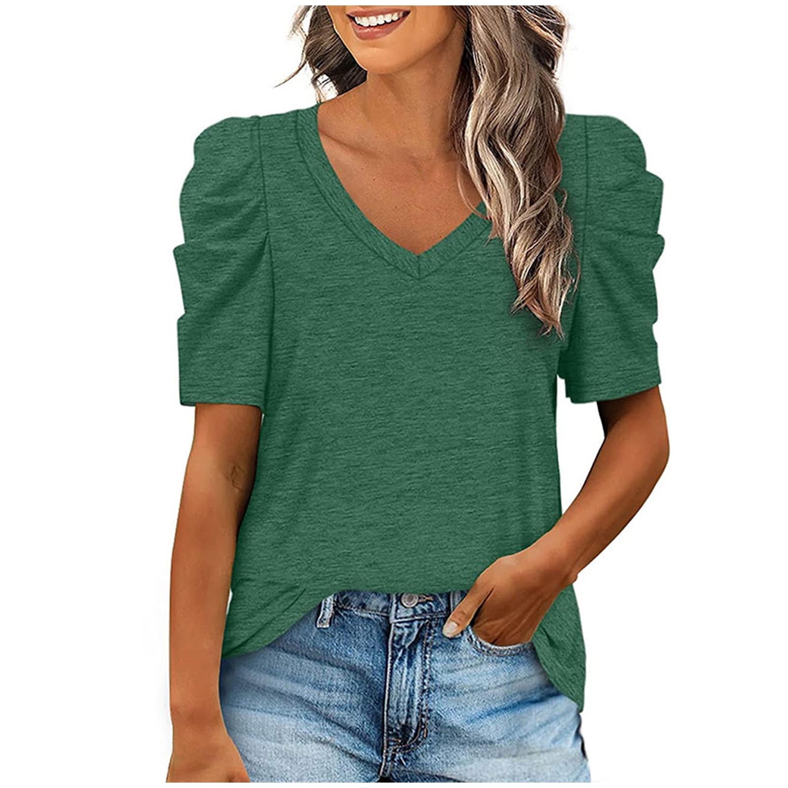 ALLLIST V Neck Tops for Women Puff Sleeve Blouse Plain Green Going Out ...
