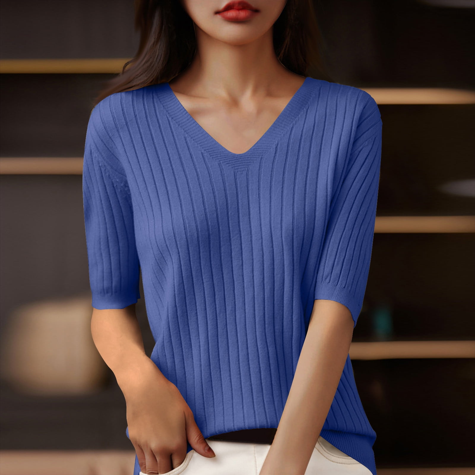 ALLLIST V Neck Women's Tops Ribbed Elbow-Length T-Shirts Casual Plain ...