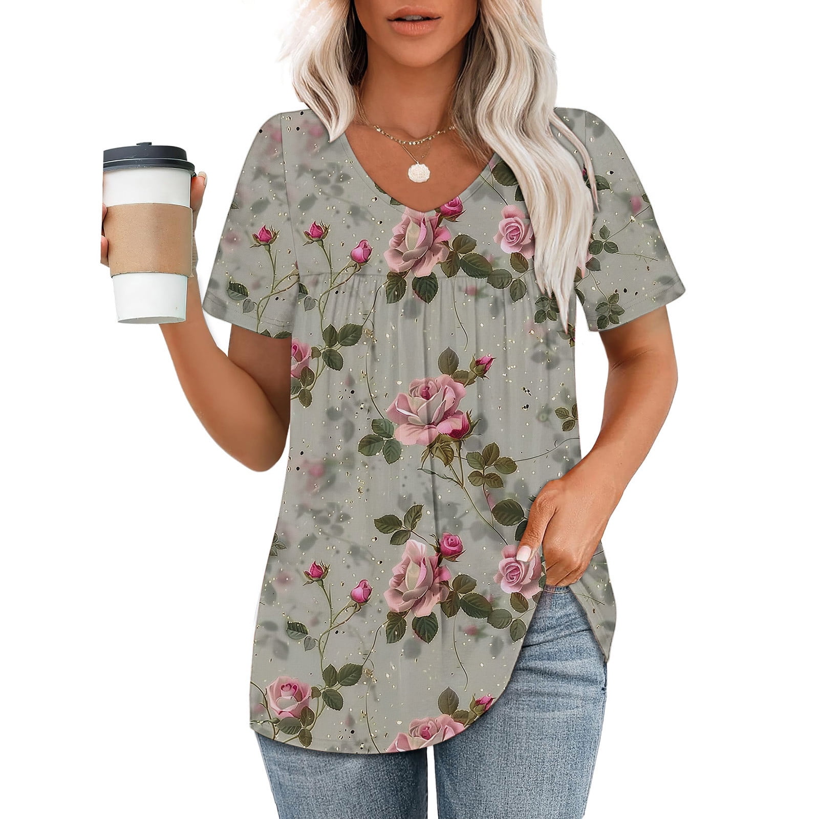 ALLLIST V Neck Women's Tops Short Sleeve Floral Blouse Pleated Drop ...