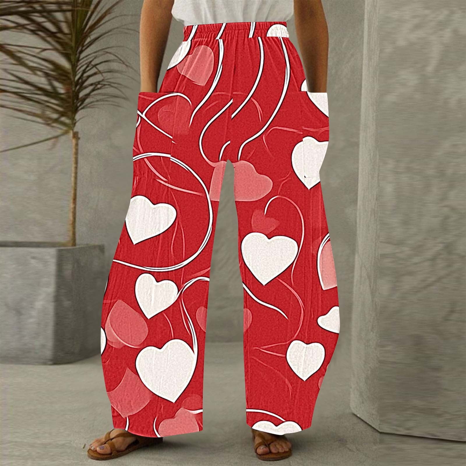 ALLLIST Women Pants with Pockets Wide Leg Red Trousers Loose Love Heart ...