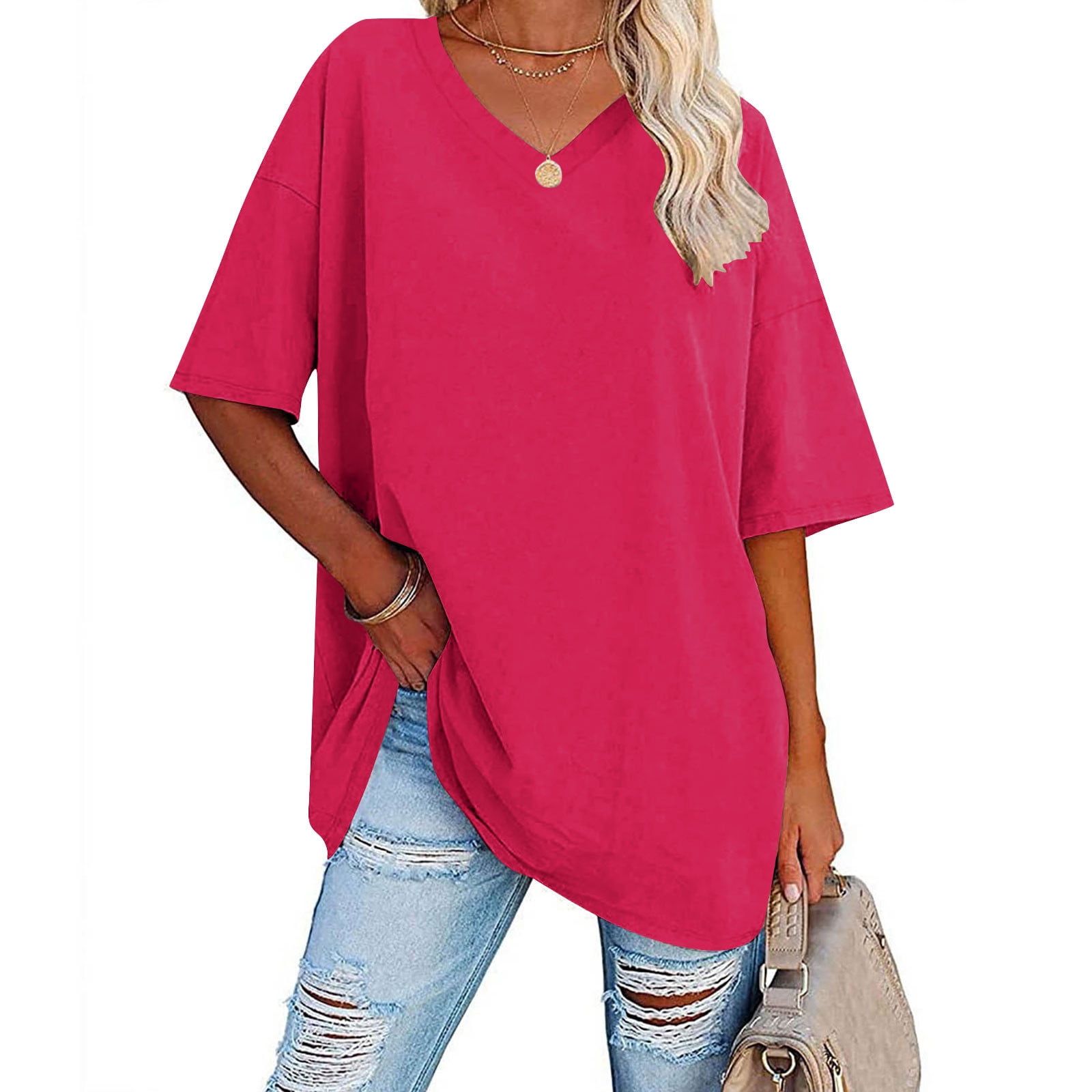 ALLLIST Women Tops Elbow-Length Pink V Neck T-Shirts Oversized Solid ...