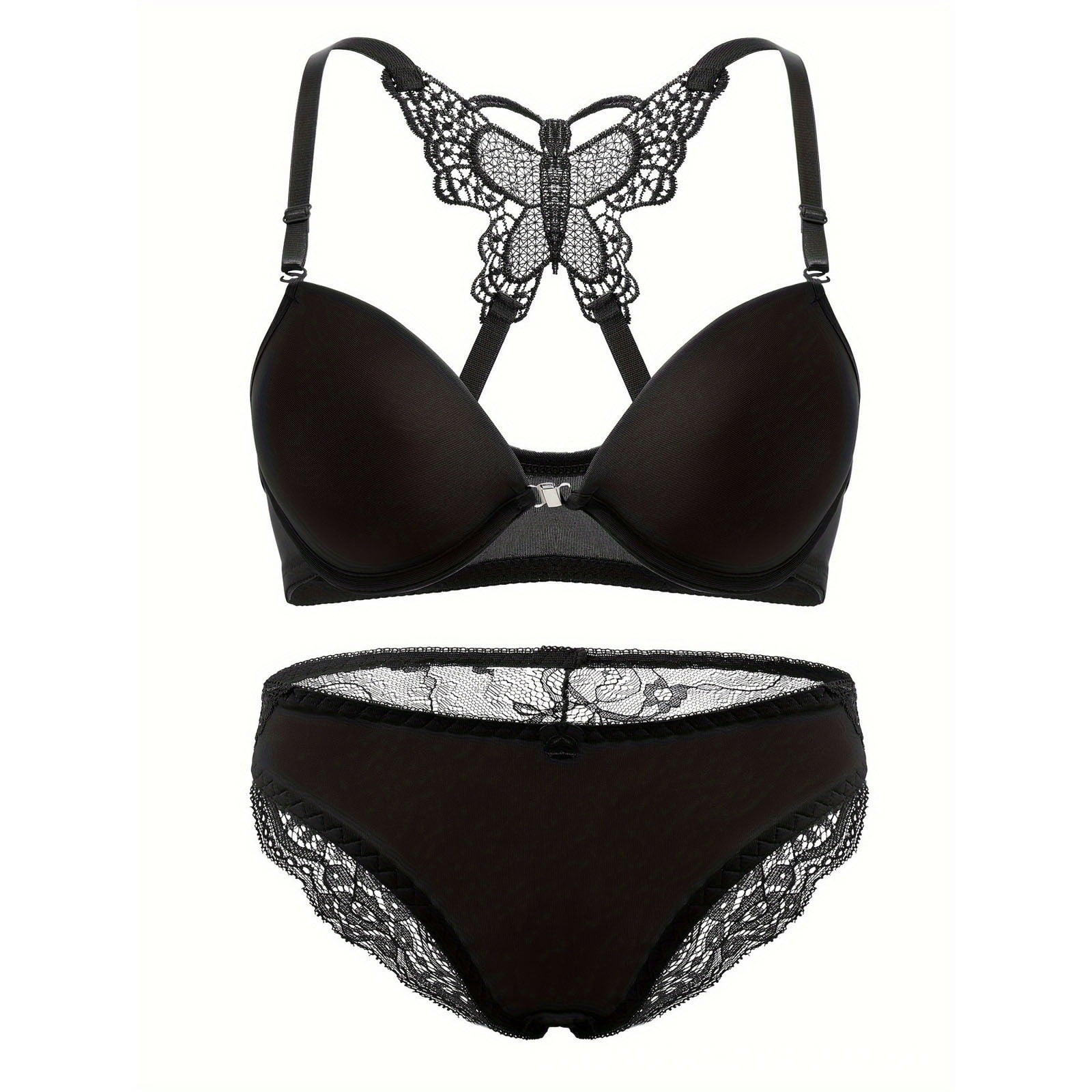 ALLLIST Women's Bras Pack Black Bra And Panty Set Push up No Wires Plain Lace Cross-Back T-Shirt ...