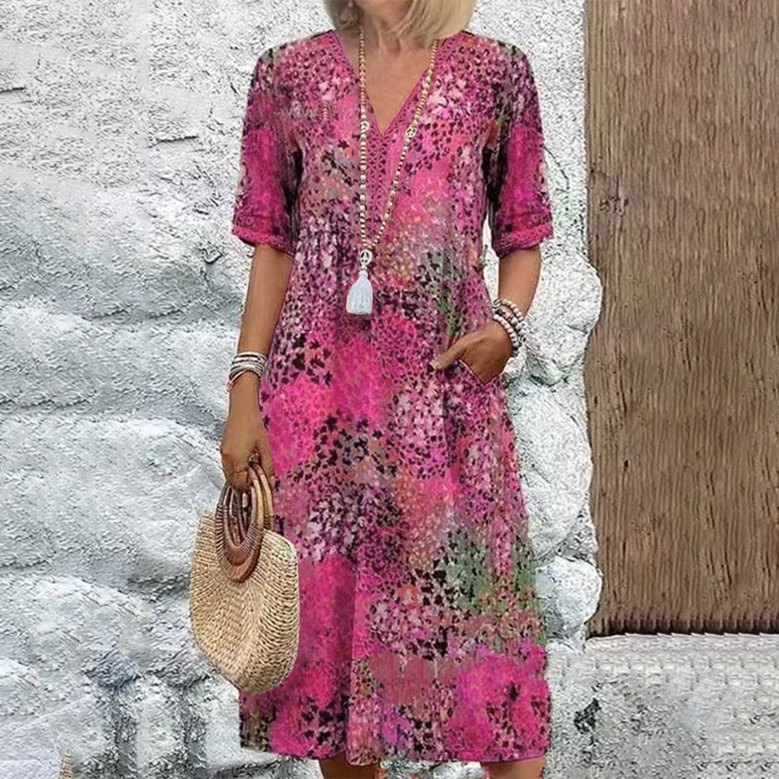 ALLLIST Women's Dresses Pink Midi Spring Sundress Floral Vacation Tent ...