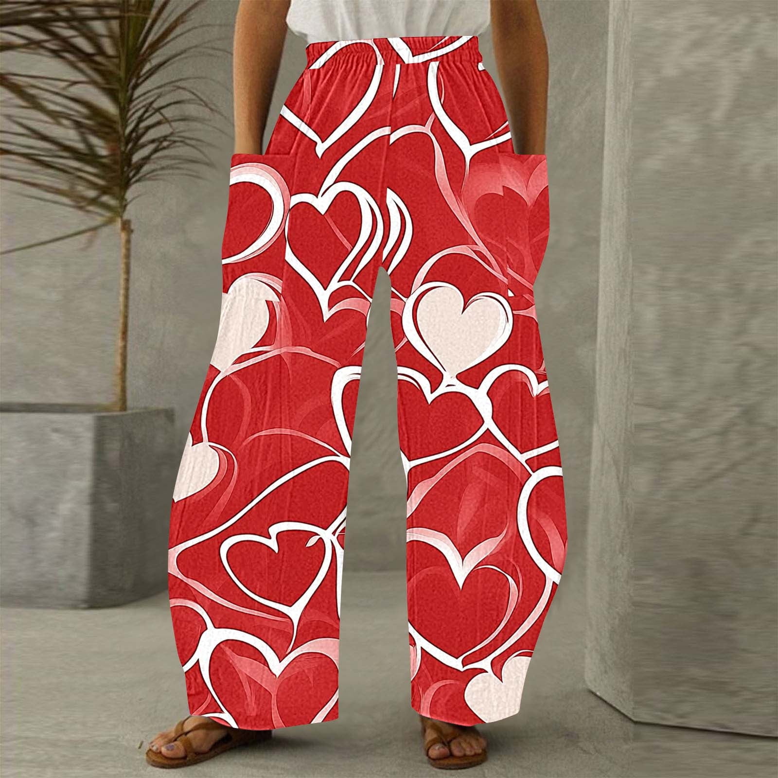ALLLIST Women's Pants with Pockets Wide Leg Red Trousers Loose Love ...
