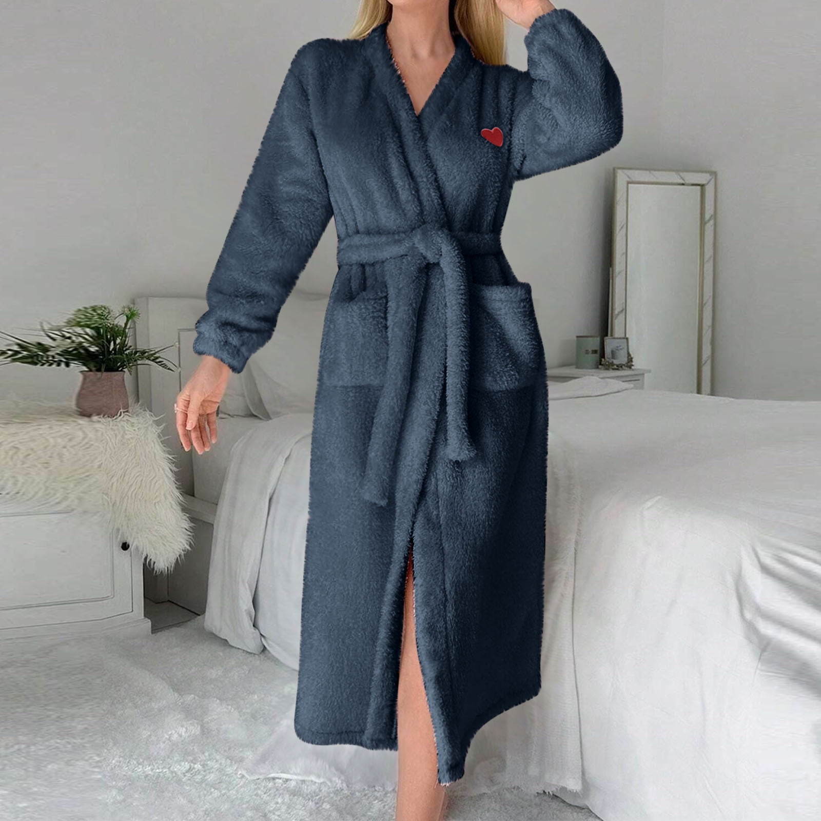 ALLLIST Women's Robes Fleece Warm Bathrobe Blue Plain Soft Robes for ...