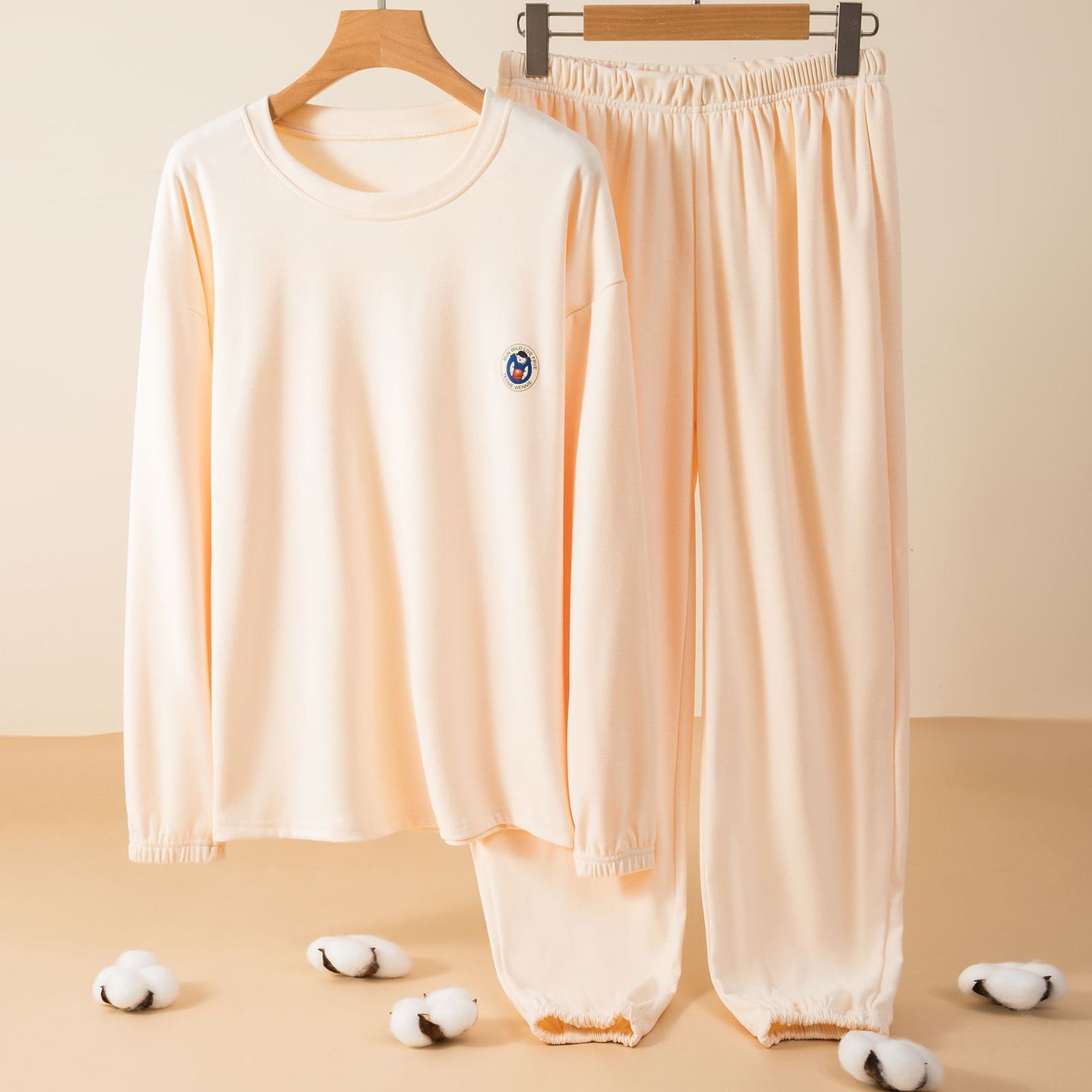 ALLLIST Womens Pajamas Sets Elastic Beige Solid Casual Crew Neck Long ...