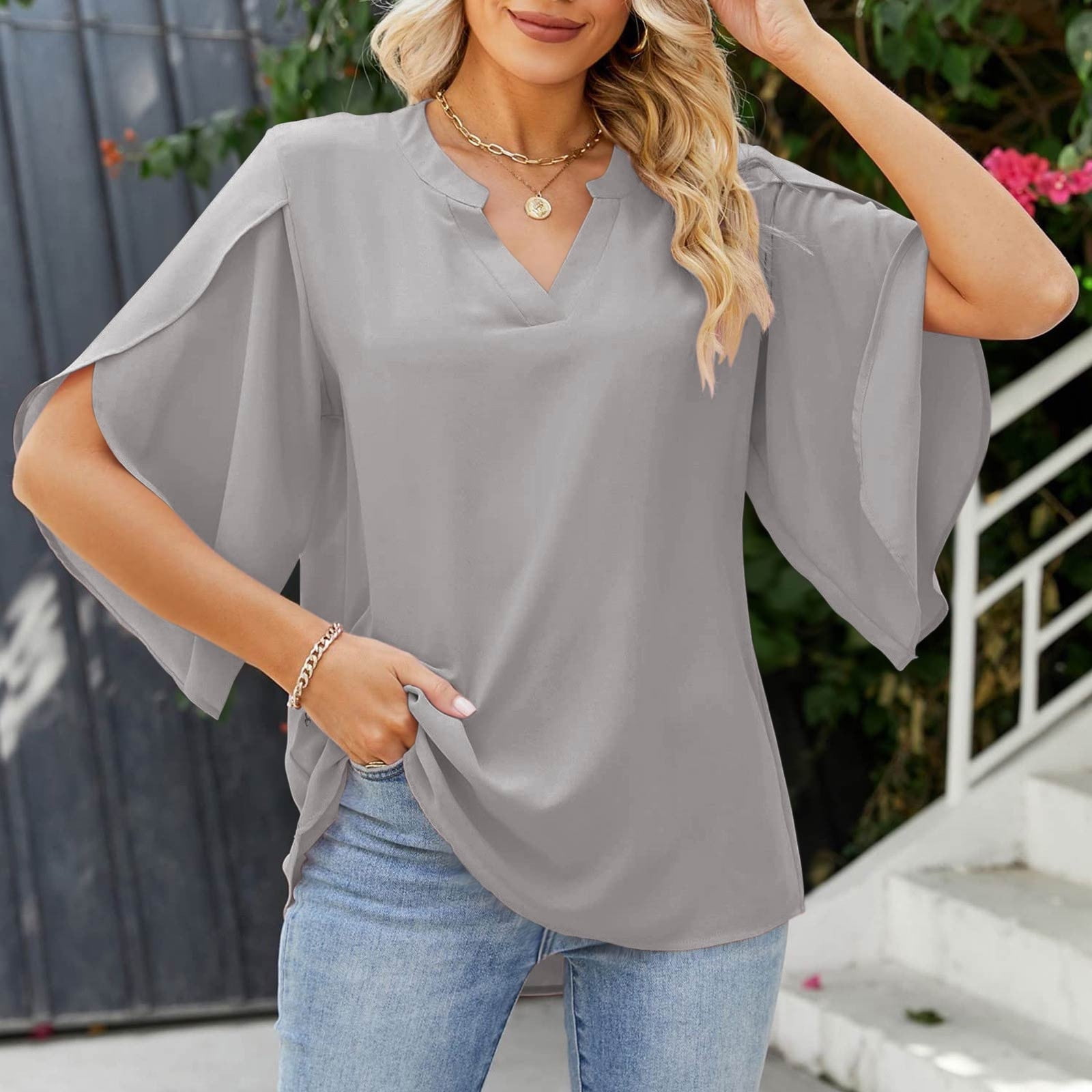 ALLLIST Womens Tops 3/4 Sleeve Loose Fit V-Neck Blouses Gray Ruffle ...