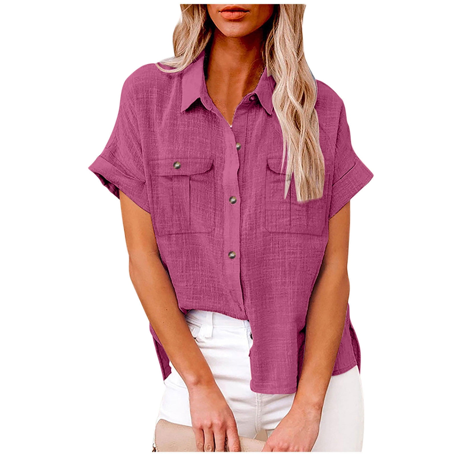 ALLLIST Womens Tops Cotton Linen Short Sleeve Button Down Shirts with ...