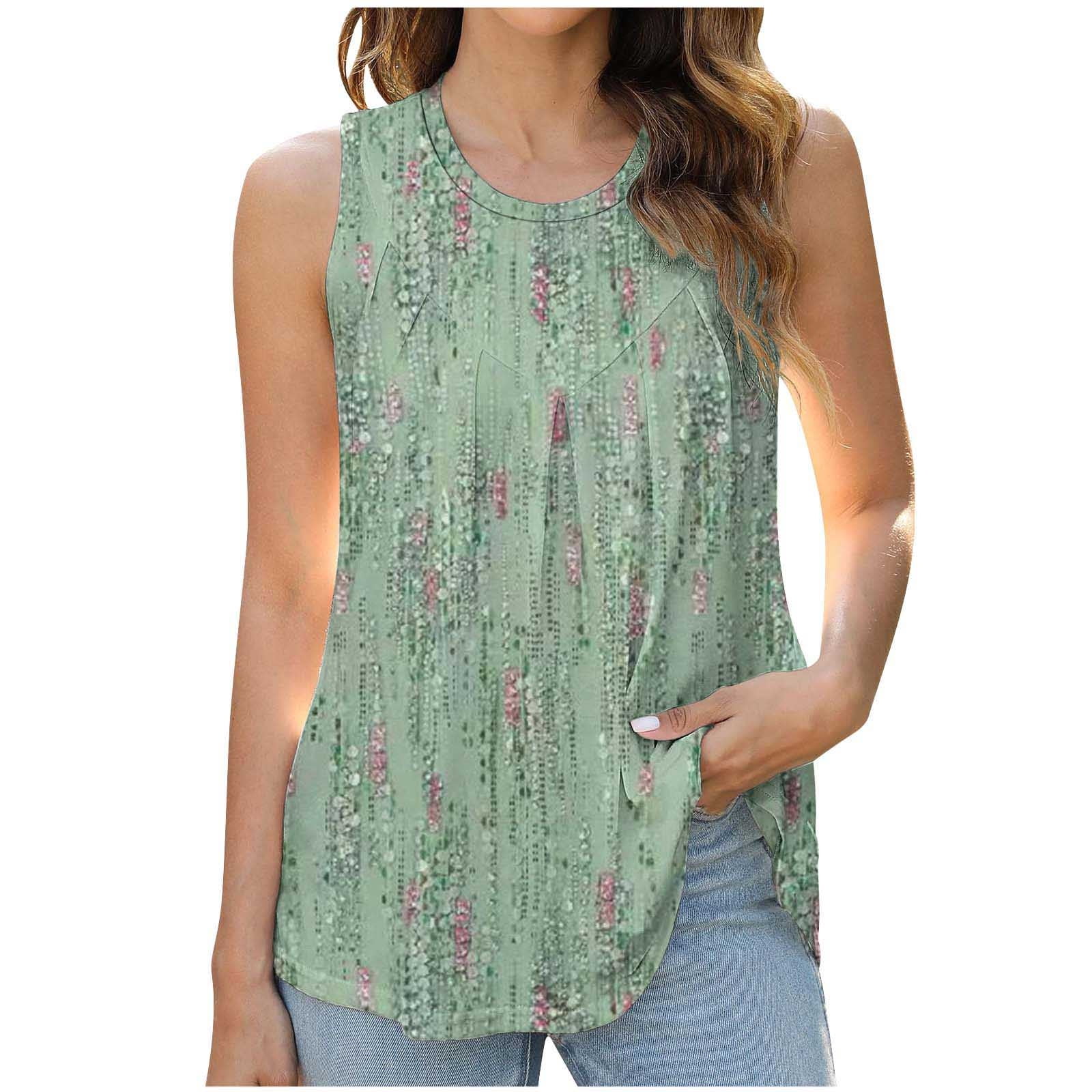 ALLLIST Womens Tops Plus Size Green Floral Crew Neck Sleeveless ...