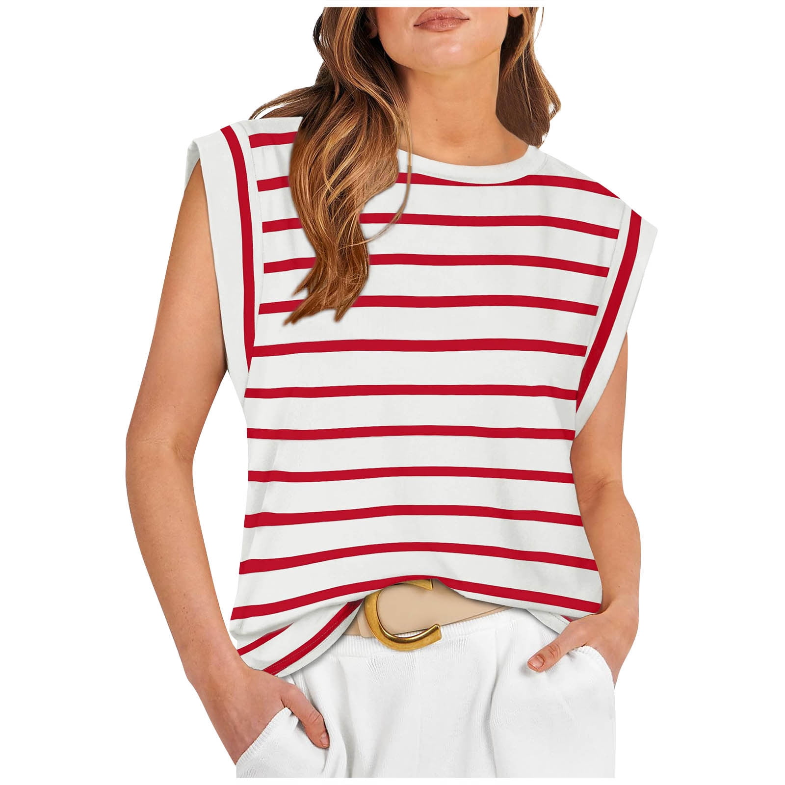 ALLLIST Womens Tops Plus Size Red Crew Neck Sleeveless Striped Tank ...