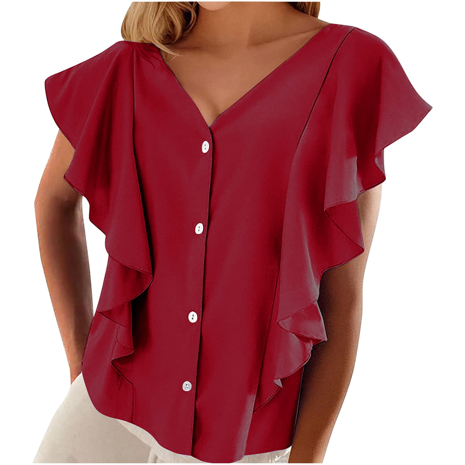 ALLLIST Womens Tops Short Sleeve V Neck Button up Shirts Solid Casual ...