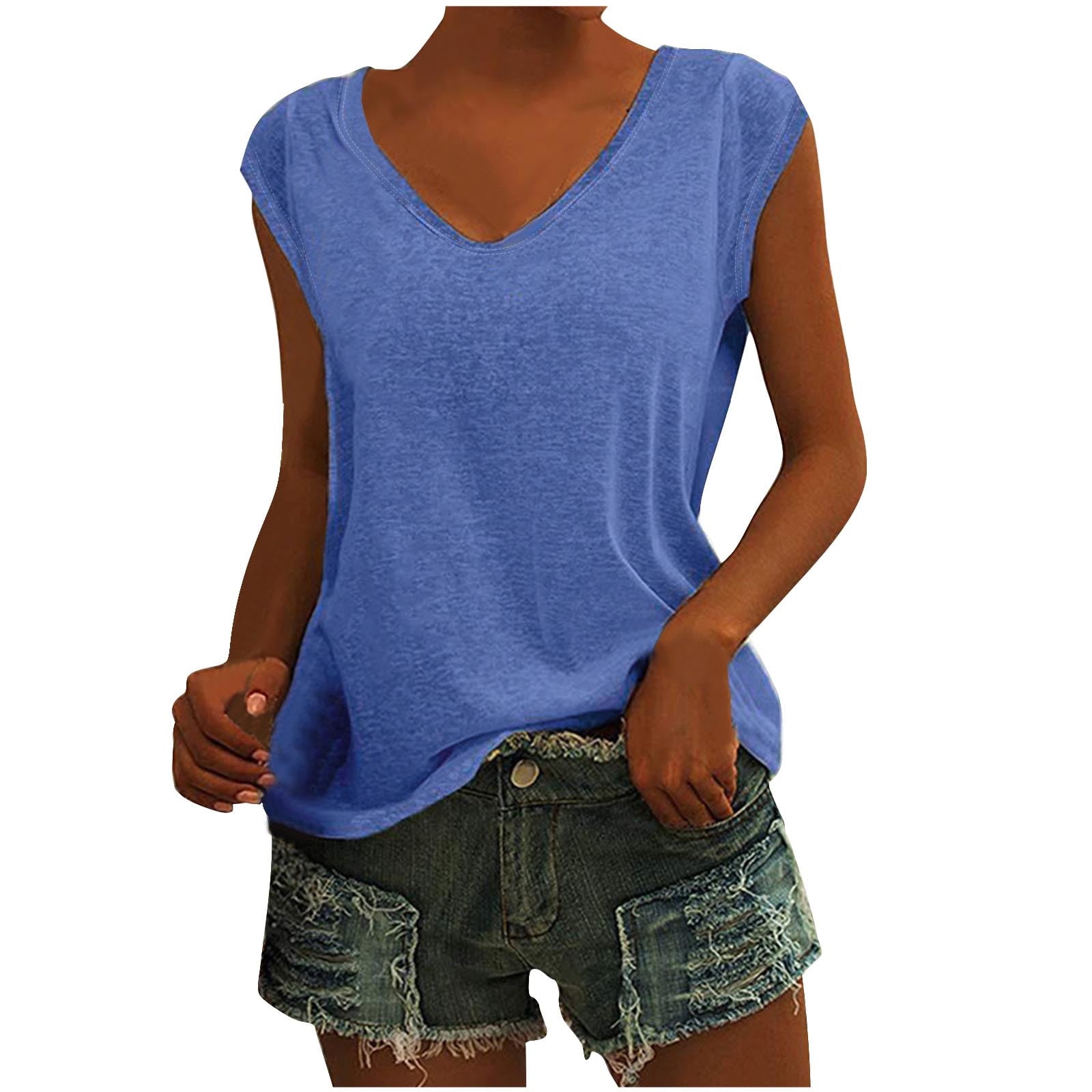 ALLLIST Womens Tops Summer Crew Neck Solid Sleeveless Blue T-Shirts ...