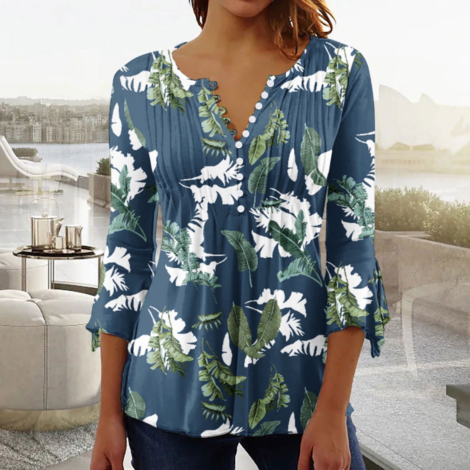 ALLLIST Womens Tops V-Neck 3/4 Sleeve Holiday Blouses Fashion Floral ...