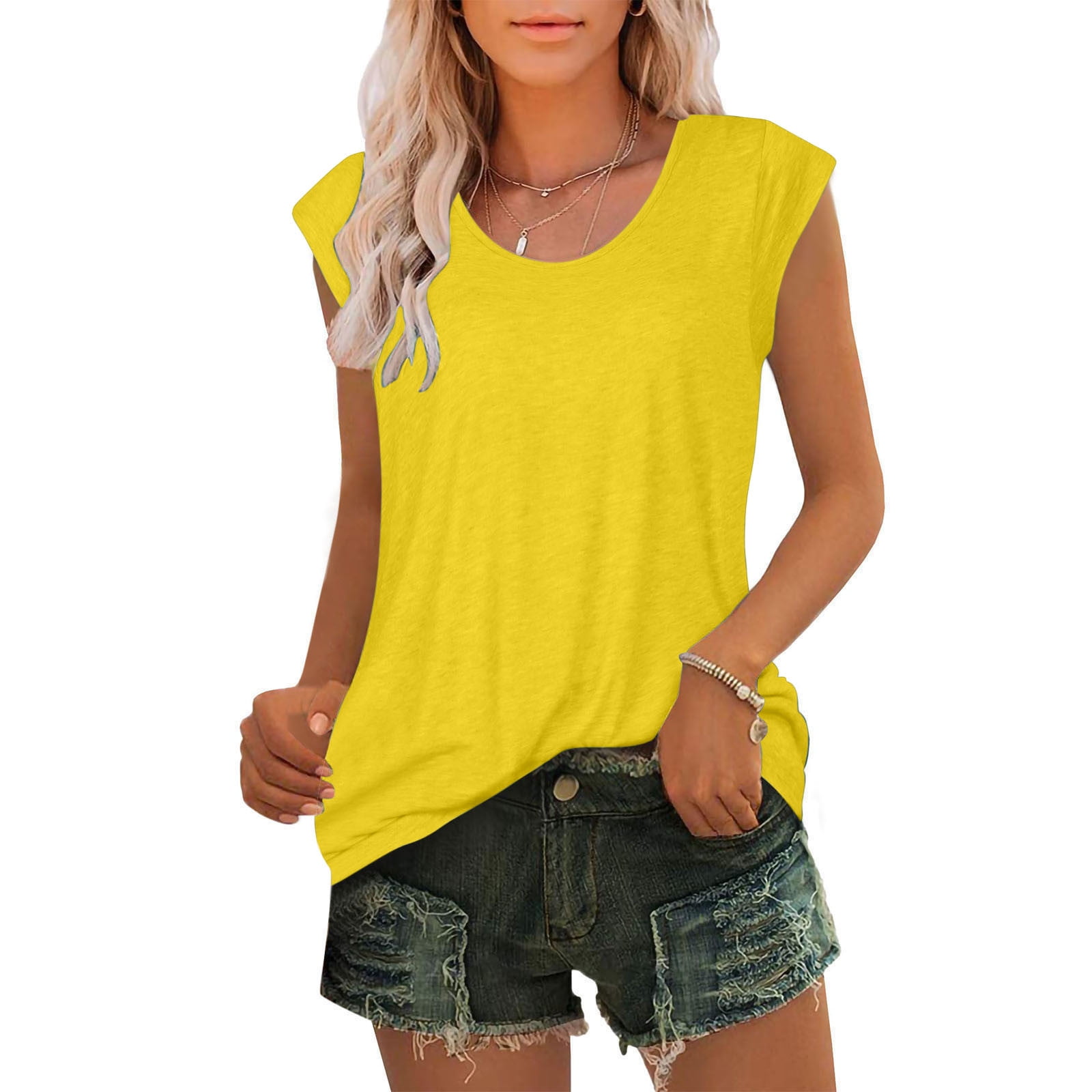 ALLLIST Yellow Ladies Tops Crew Neck Solid Sleeveless Casual Tank Tops ...