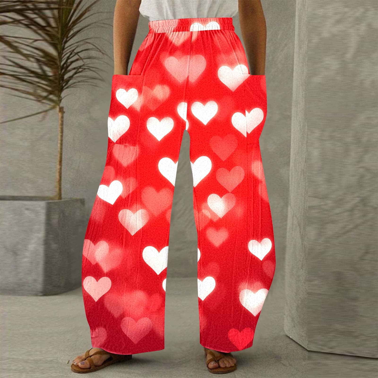 ALLLIST with Pockets Women's Pants Red Wide Leg Trousers Love Heart ...