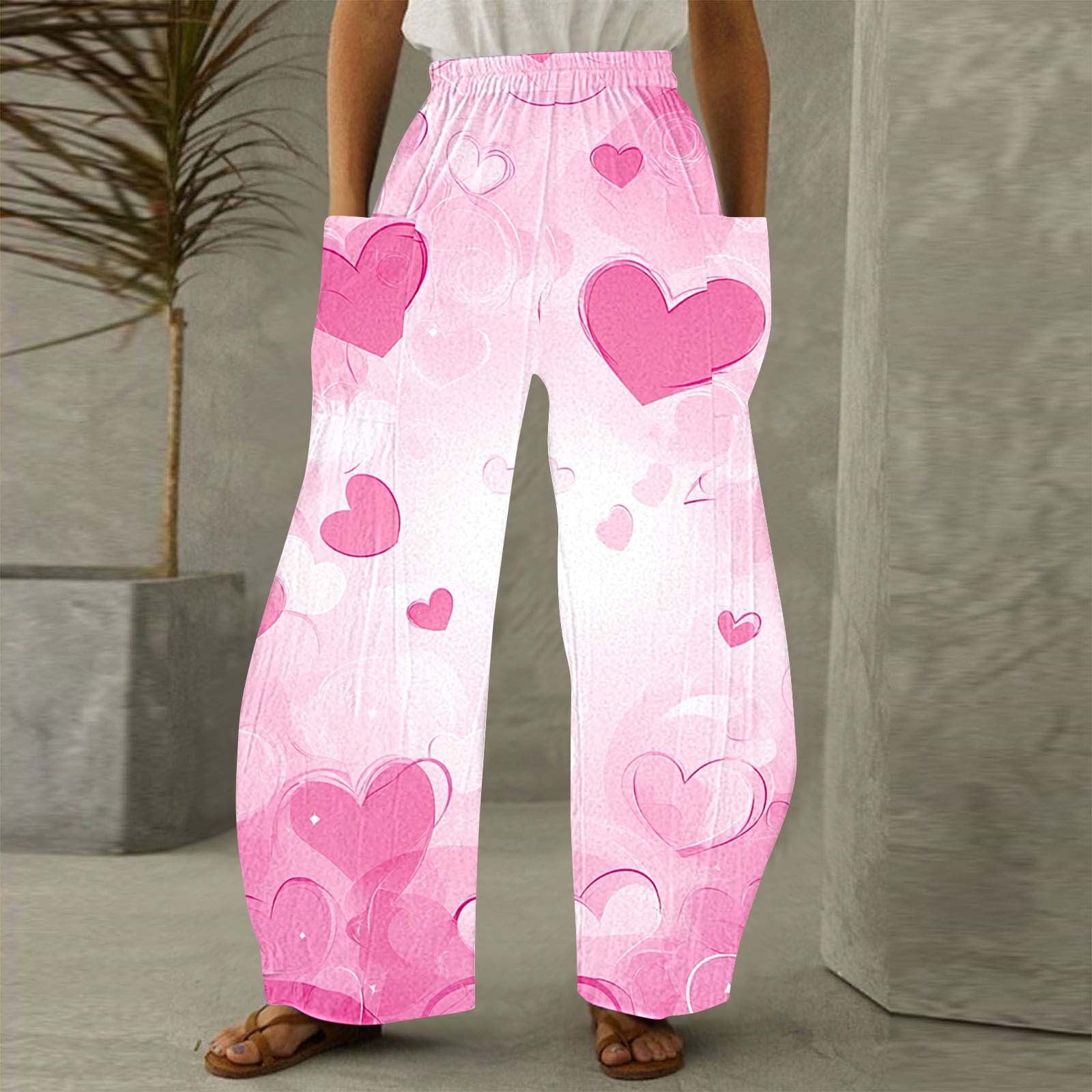 ALLLIST with Pockets Womens Pants Wide Leg Red Trousers Love Heart ...