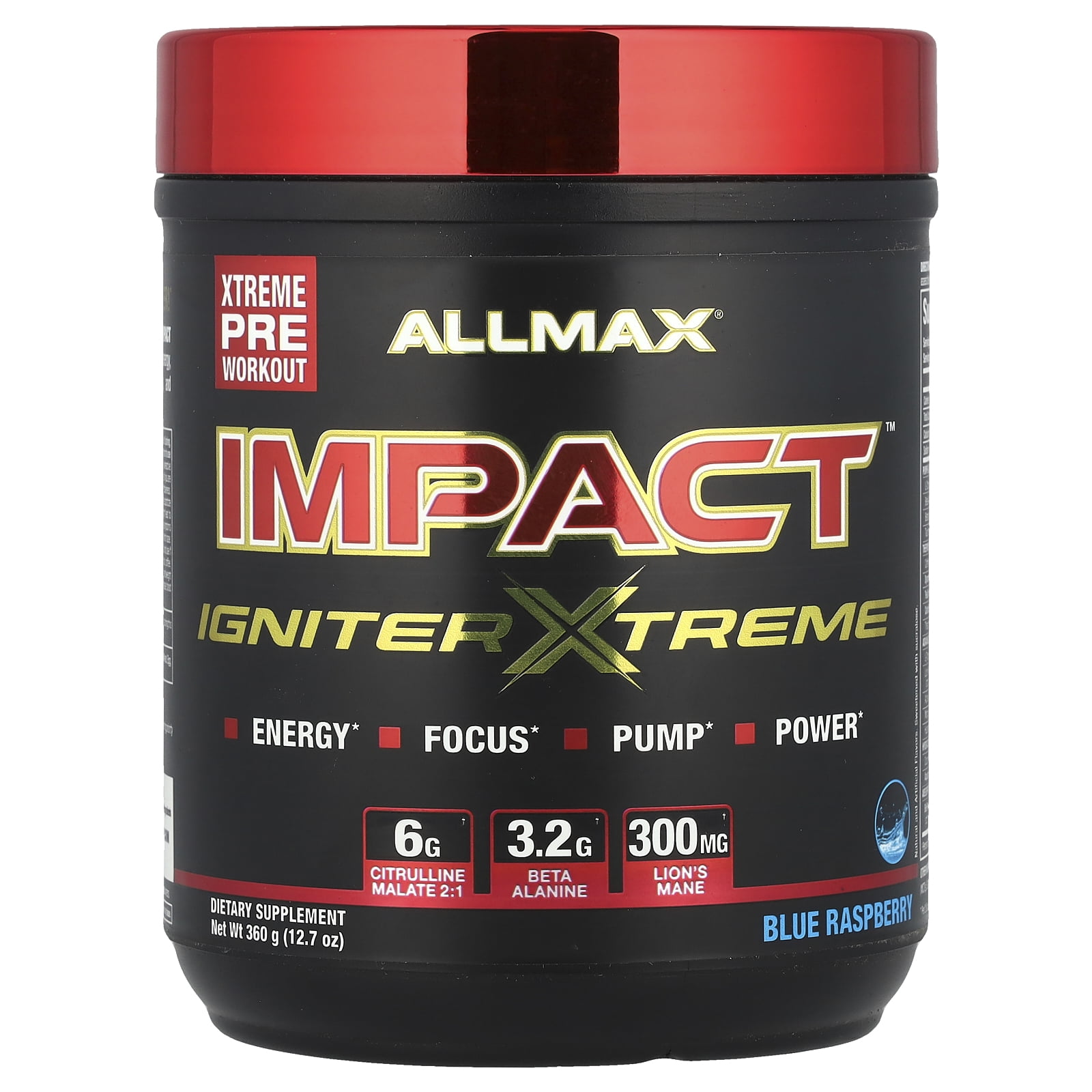 ALLMAX IMPACT Igniter Xtreme, Pre-Workout, Blue Raspberry, 12.7 oz (360 ...