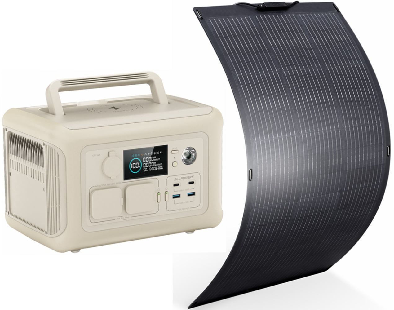 ALLPOWERS Beige R600 Portable Solar Generator Kit, 100W Flexible Solar Panel, 600W 299Wh LiFePO4 ...