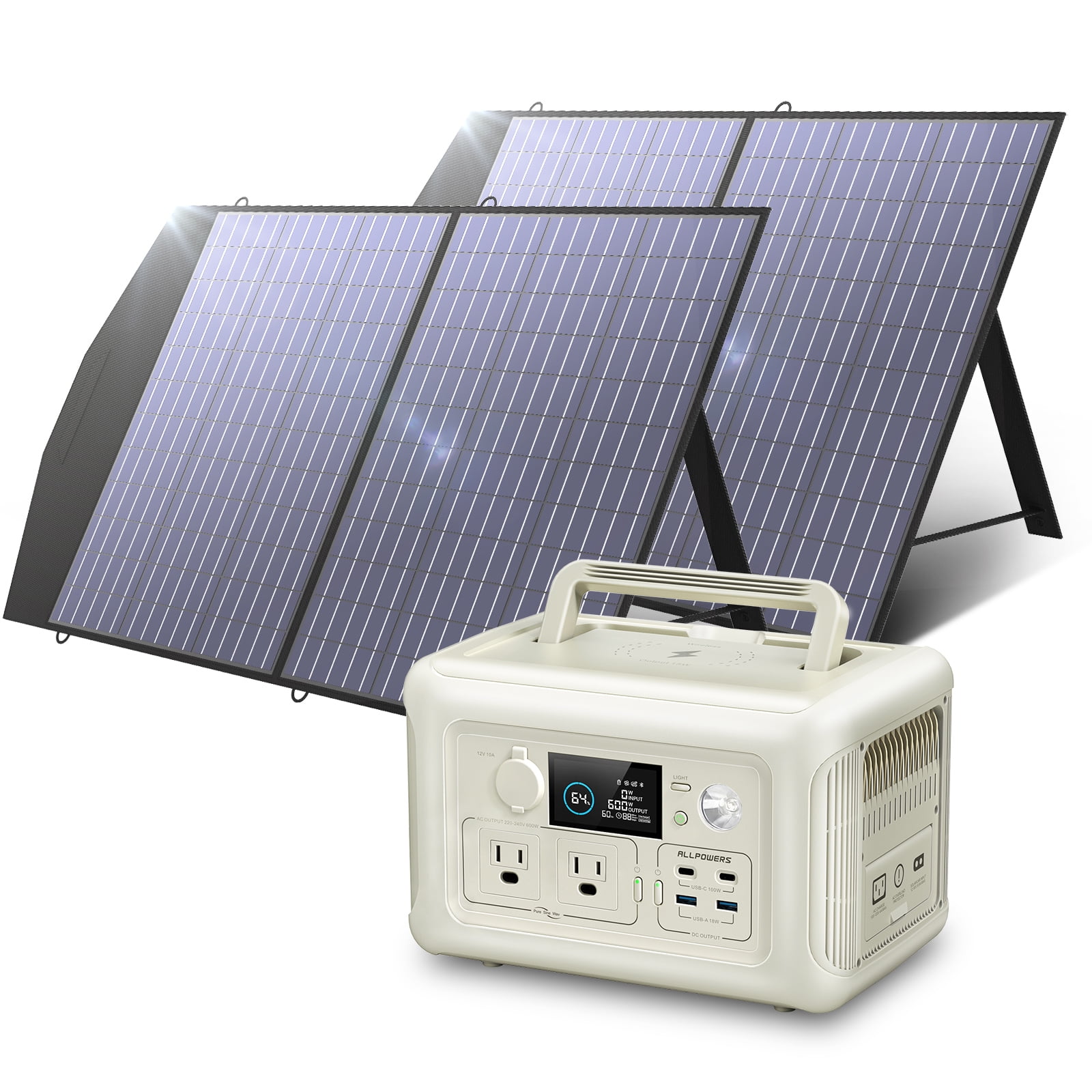 ALLPOWERS Beige R600 Portable Solar Generator Kit, 2 Pack 100W (Total 200W) Foldable Solar Panel ...