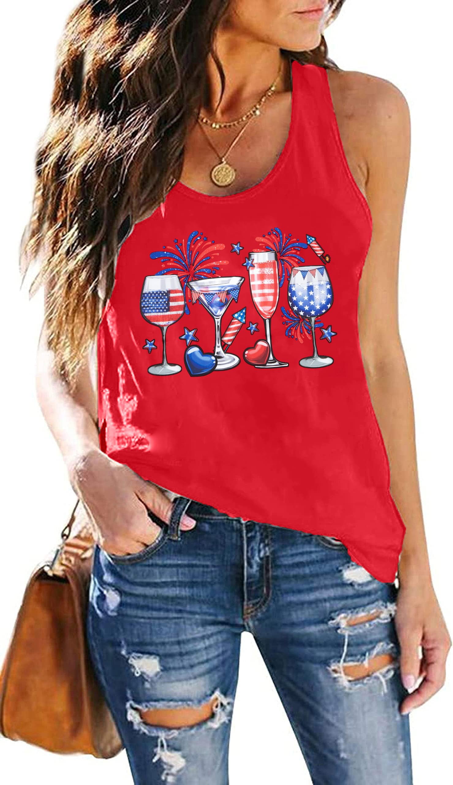 ALLTB American Flag Tank Tops Women Wine Glass Graphic Tees 4th of July ...