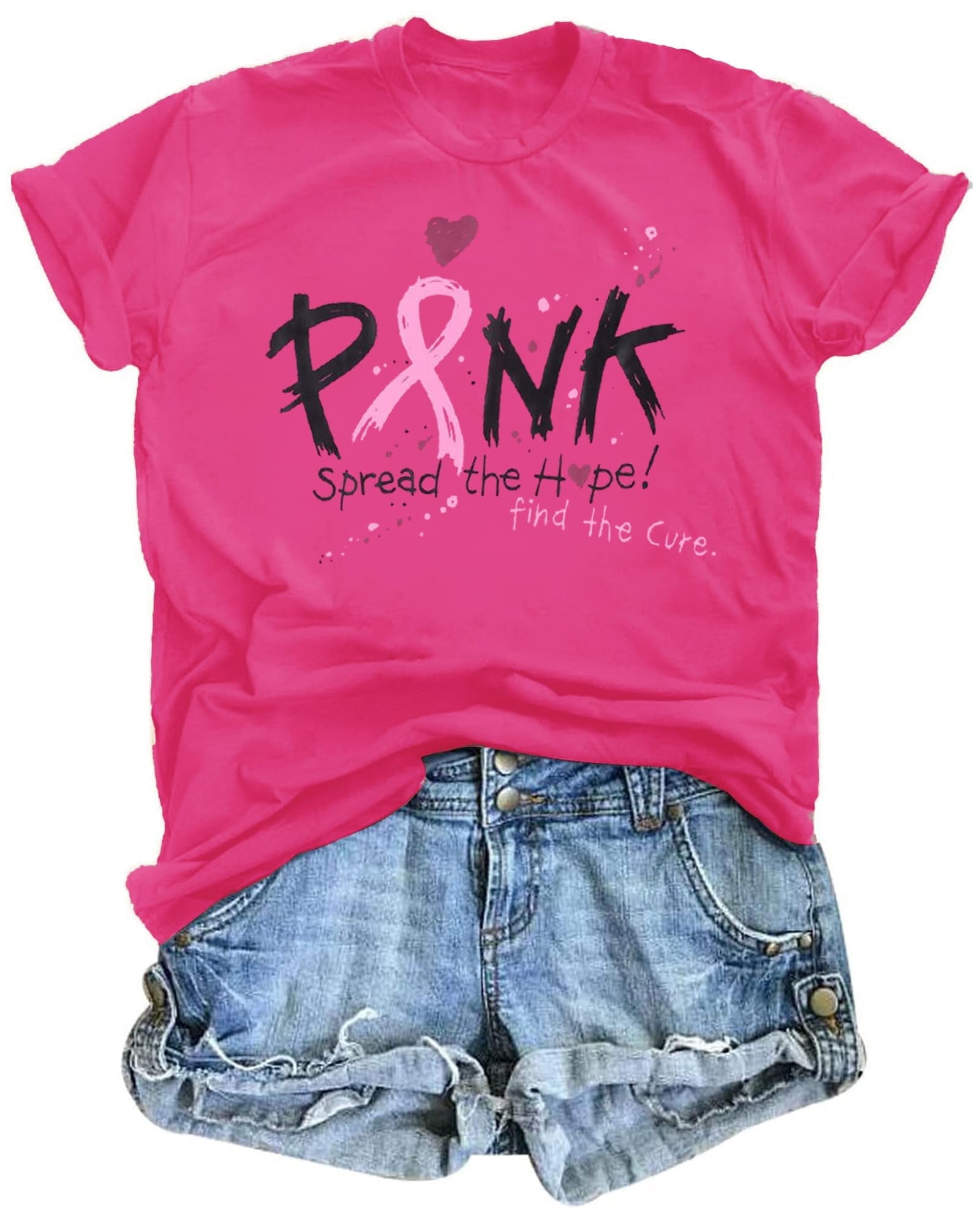 ALLTB Women Inspirational Breast Cancer Tshirts Pink Ribbon Graphic Tee ...