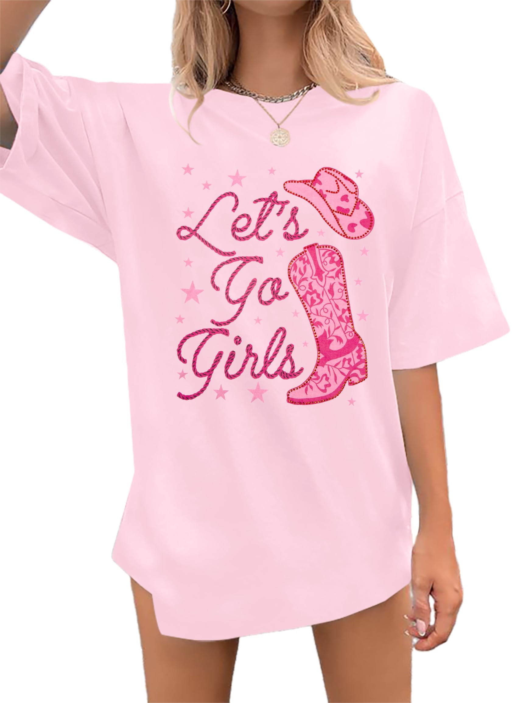 ALLTB Plus Size Western Cowgirl Shirts for Women Let's Go Girls T-shirt Country Music Tee Casual ...