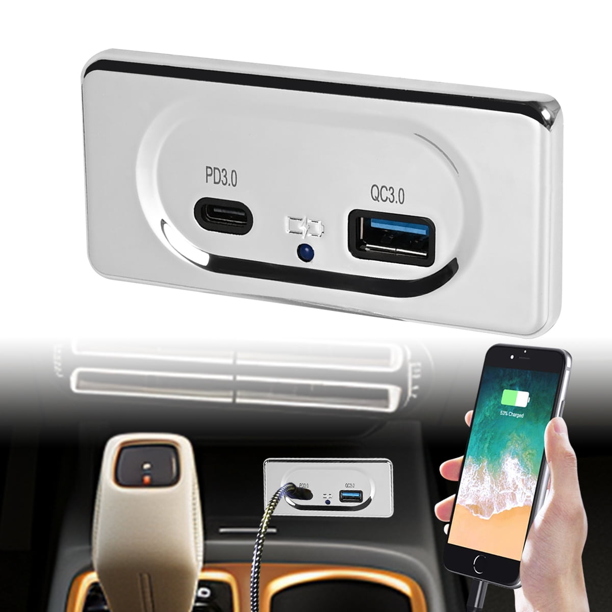 ALLTIMES PD3.0+QC3.0 Car Fast Charger Dual Port Output Blue LED Indicator USB Type-C Adapter ...