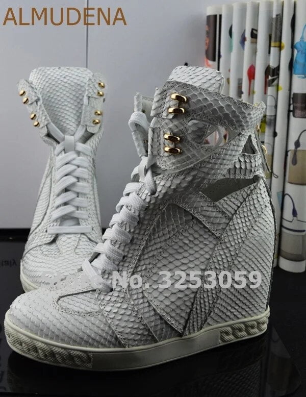 ALMUDENA White Stone Pattern Snakeskin Real Leather Sneakers Wedge ...