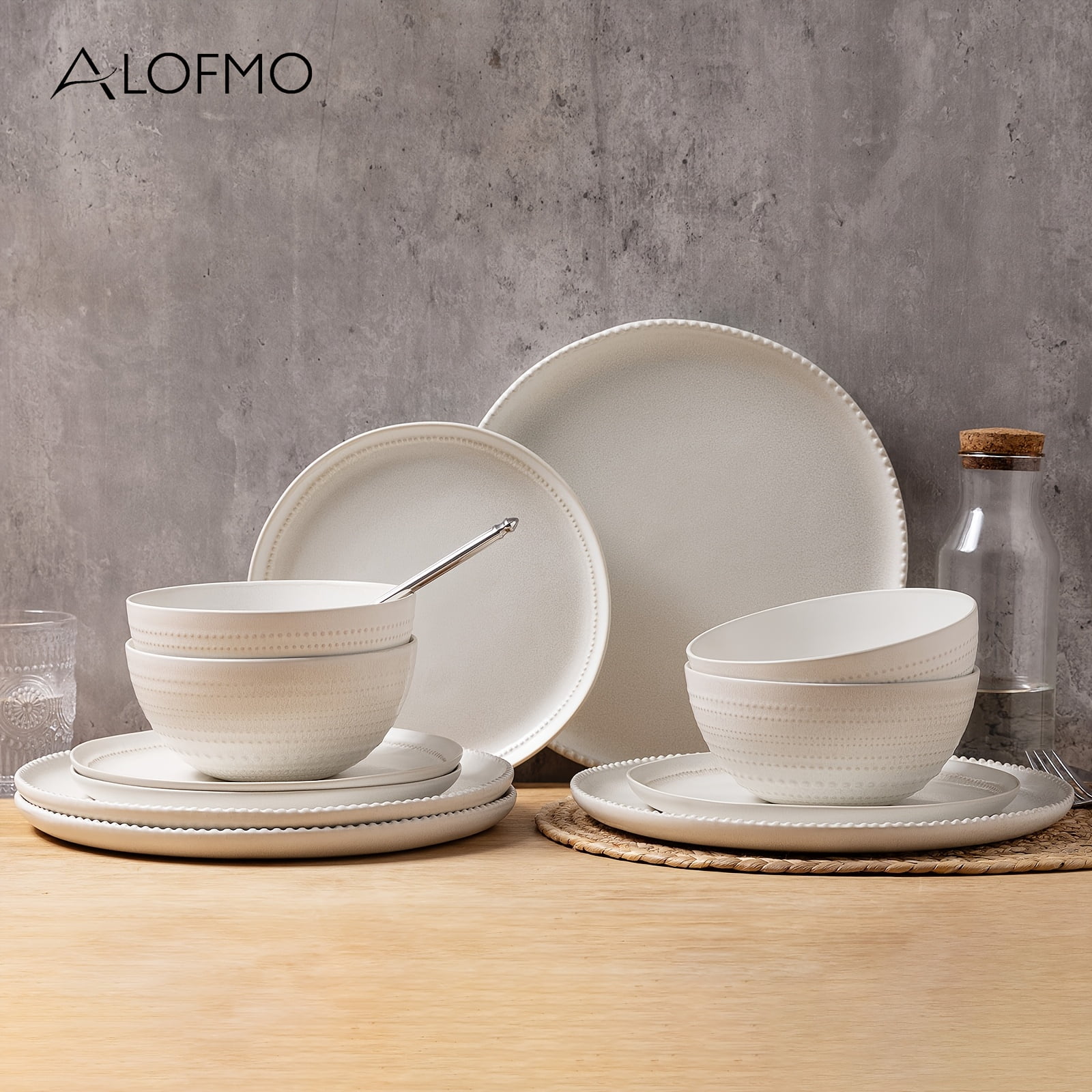 ALOFMO 12-Piece White Embossed Ceramic Dinnerware Set, Matte Texture ...