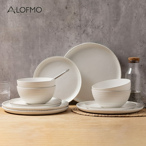ALOFMO 12-Piece White Embossed Ceramic Dinnerware Set, Matte Texture ...