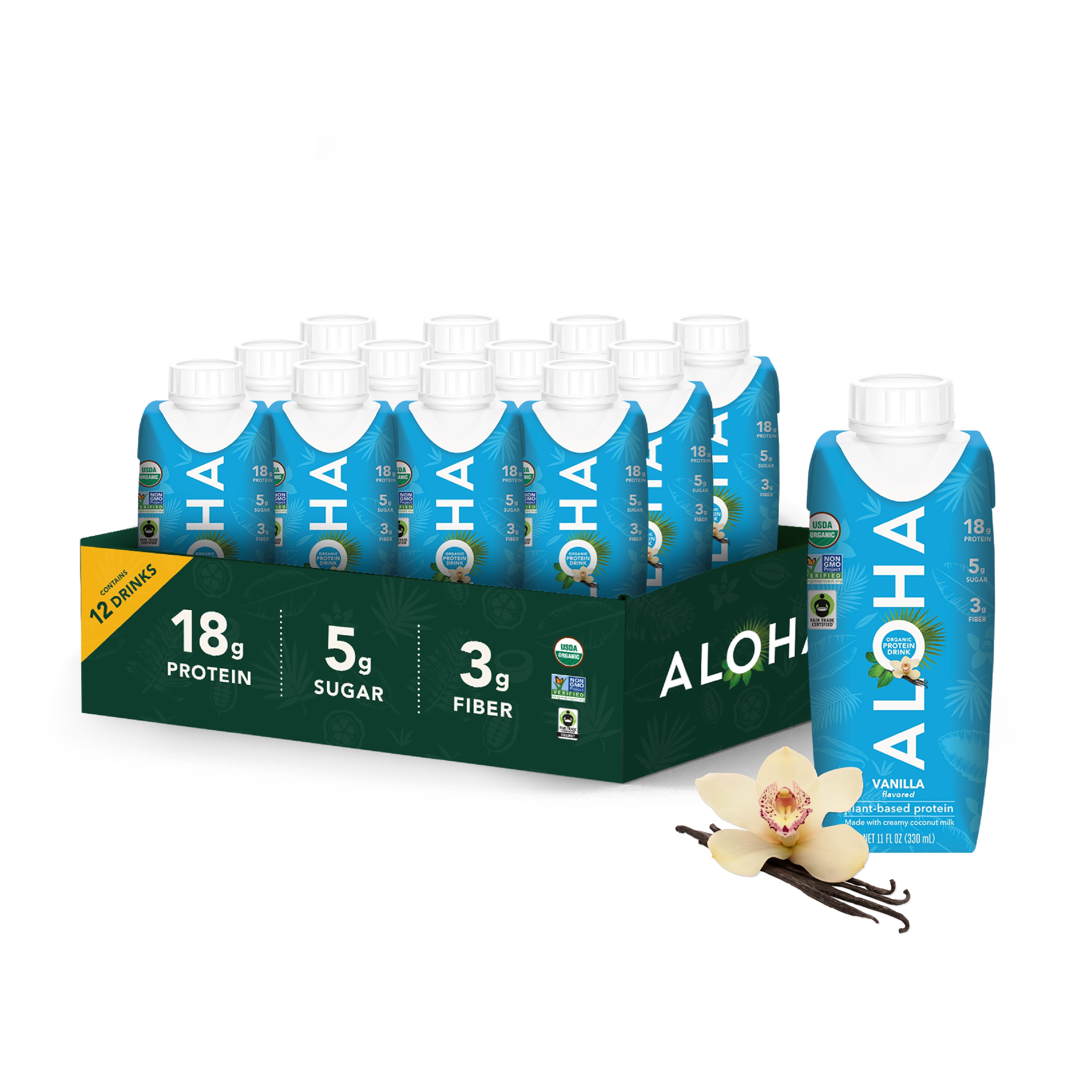 ALOHA Organic Plant-Based Protein Drink, 11 fl oz, Vanilla, 12pk ...