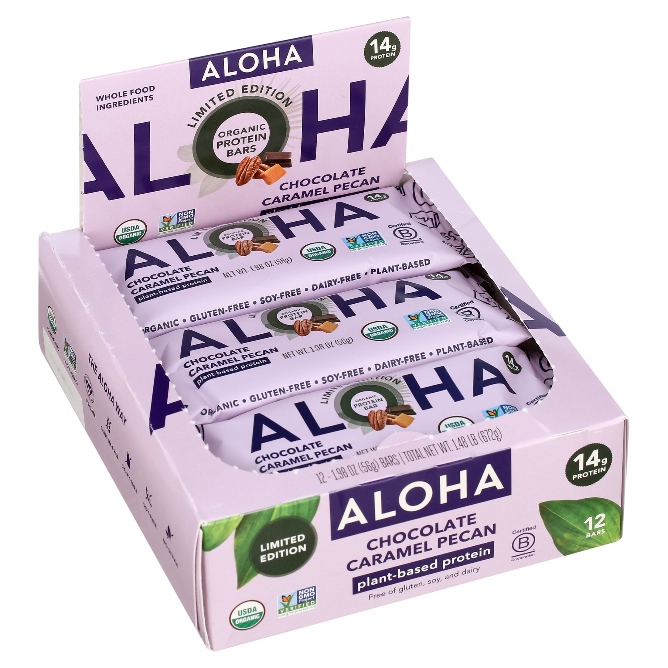 ALOHA Plant Based Protein Bars, Chocolate Caramel Pecan, 14g Protein ...