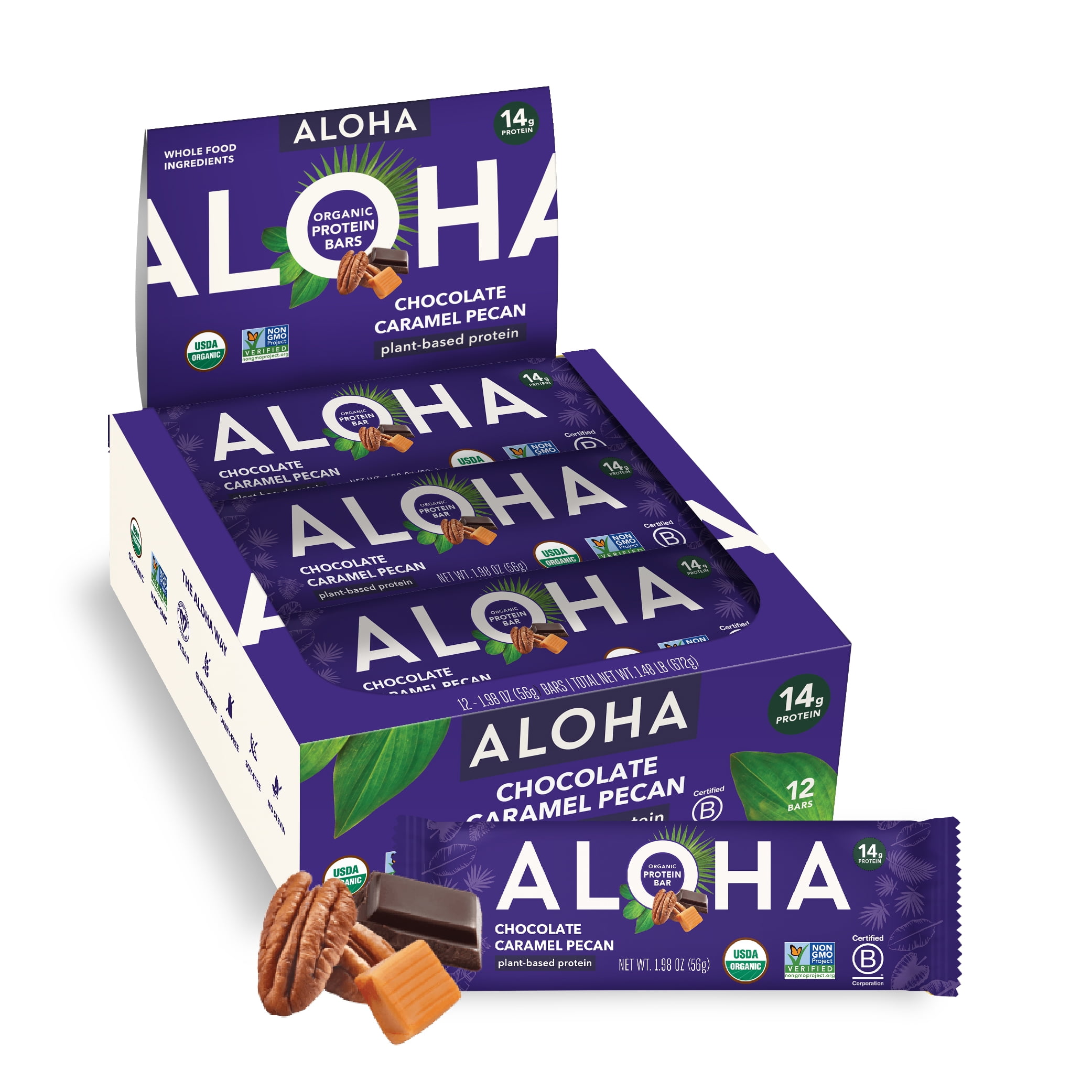 ALOHA Organic Vegan Protein Bars, Chocolate Caramel Pecan, 14g Plant ...