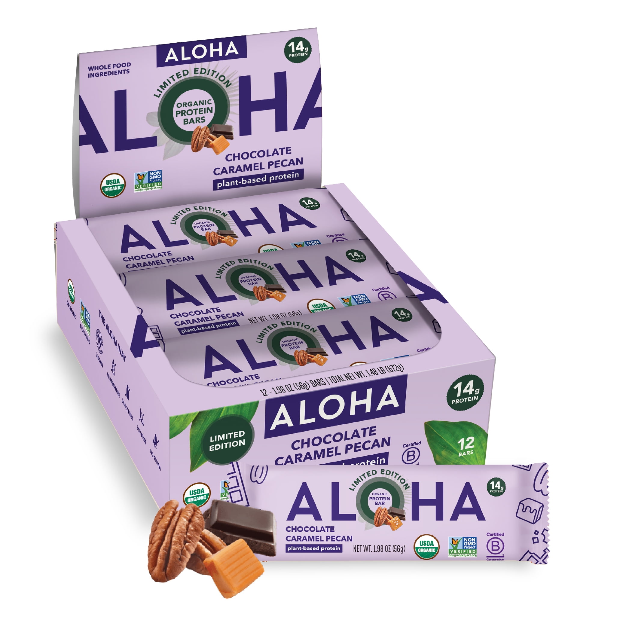 ALOHA Plant Based Protein Bars, Chocolate Caramel Pecan, 14g Protein ...