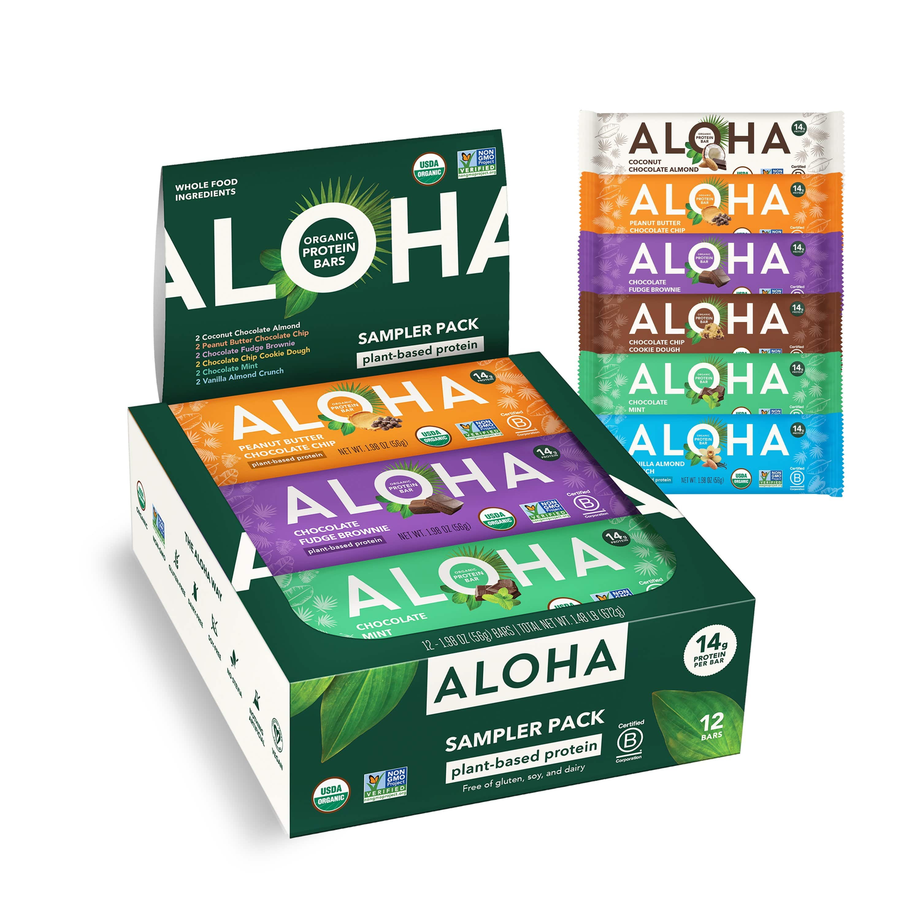 ALOHA Plant Based Protein Bars, Protein Bar Sampler Pack, 14g Protein ...