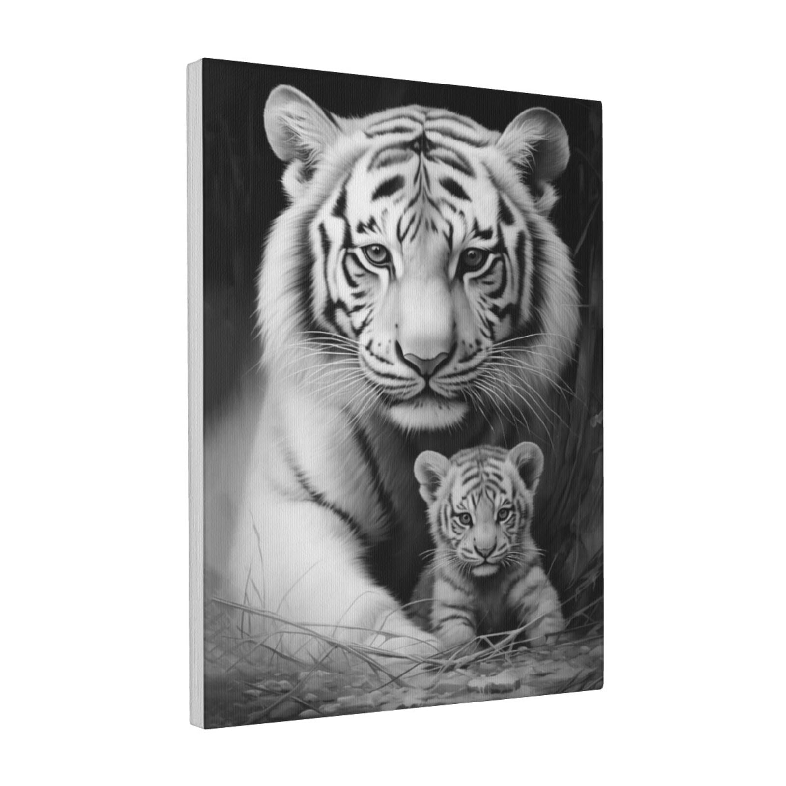ALOUYA Black and White Tiger Canvas Wall Art - Tiger Mom with Cub ...