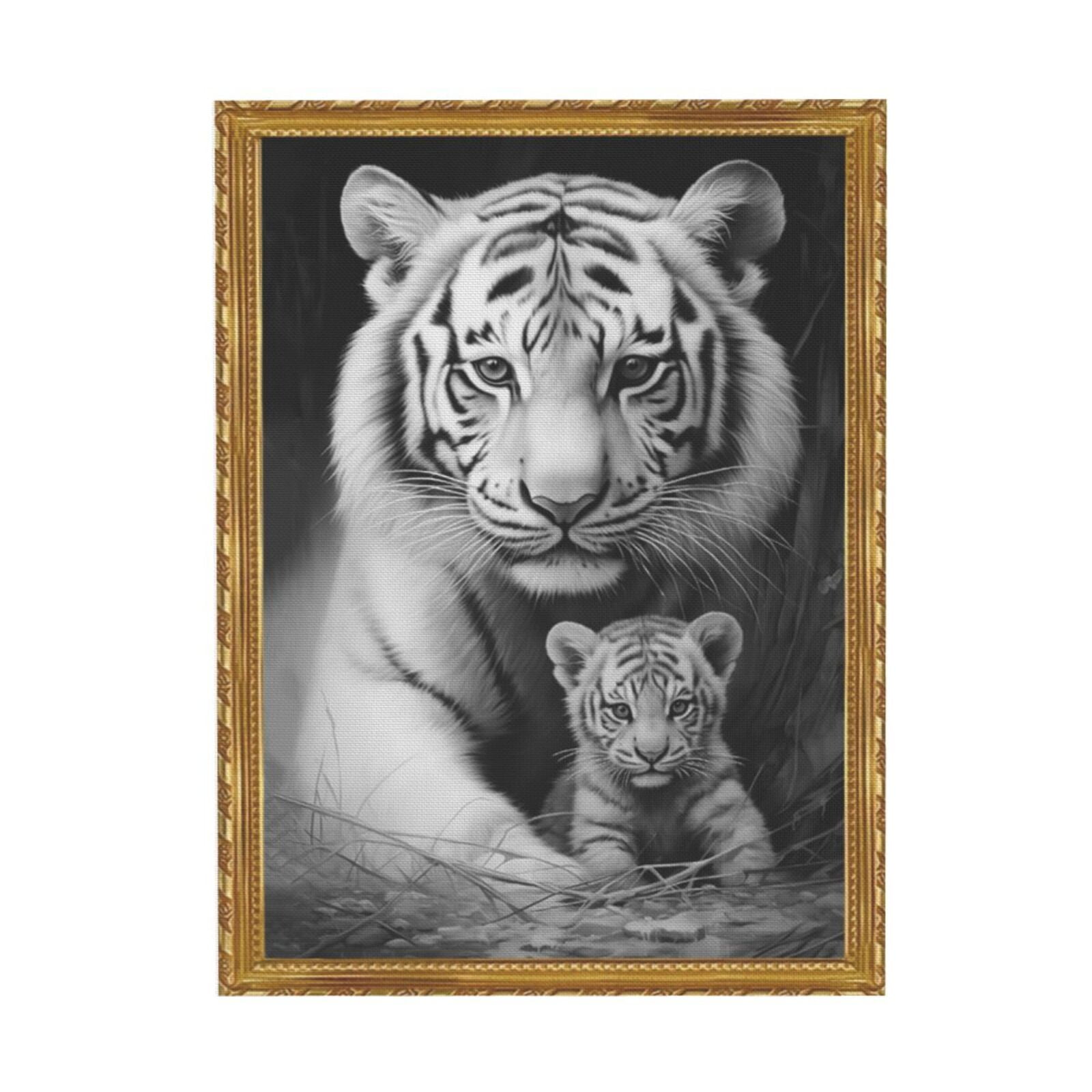ALOUYA Black and White Tiger Canvas Wall Art - Tiger Mom with Cub ...