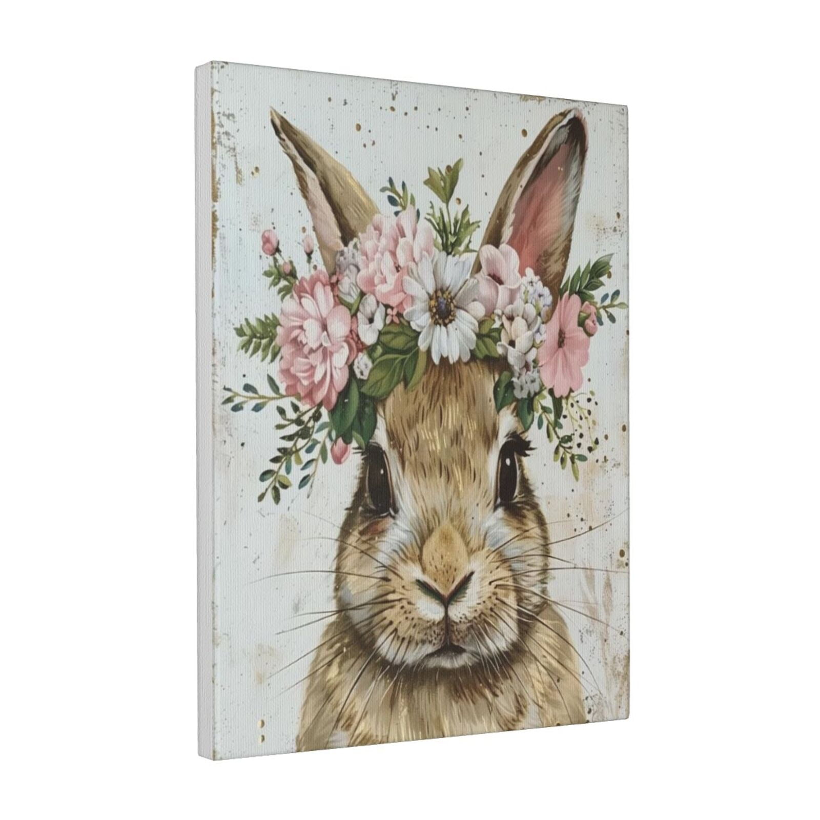 ALOUYA Easter Bunny Canvas Wall Art Cute Rabbit Poster with Flowers ...